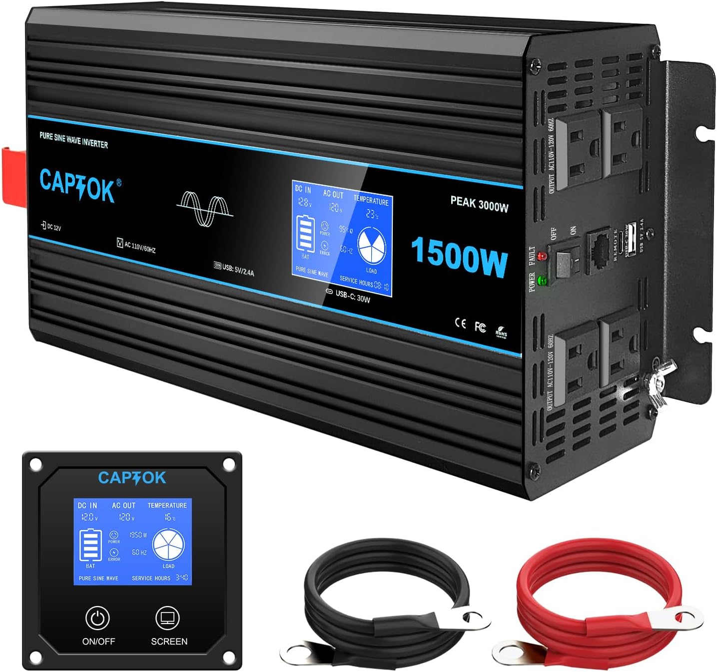 Amazon.com: CAPTOK 1500W Pure Sine Wave Inverter DC 12V AC 120V Double ...
