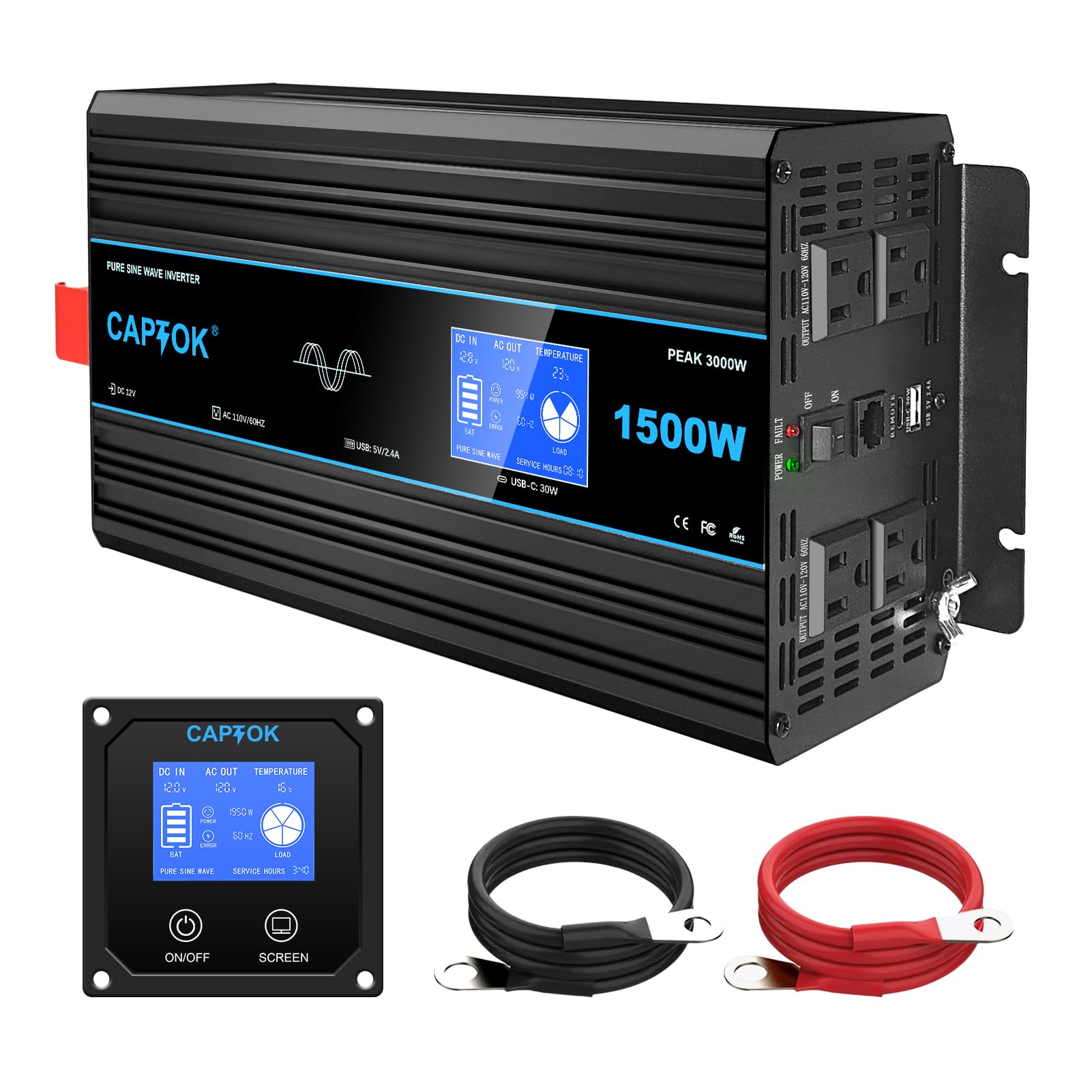 Amazon.com: CAPTOK 1500W Pure Sine Wave Inverter DC 12V AC 120V Double ...