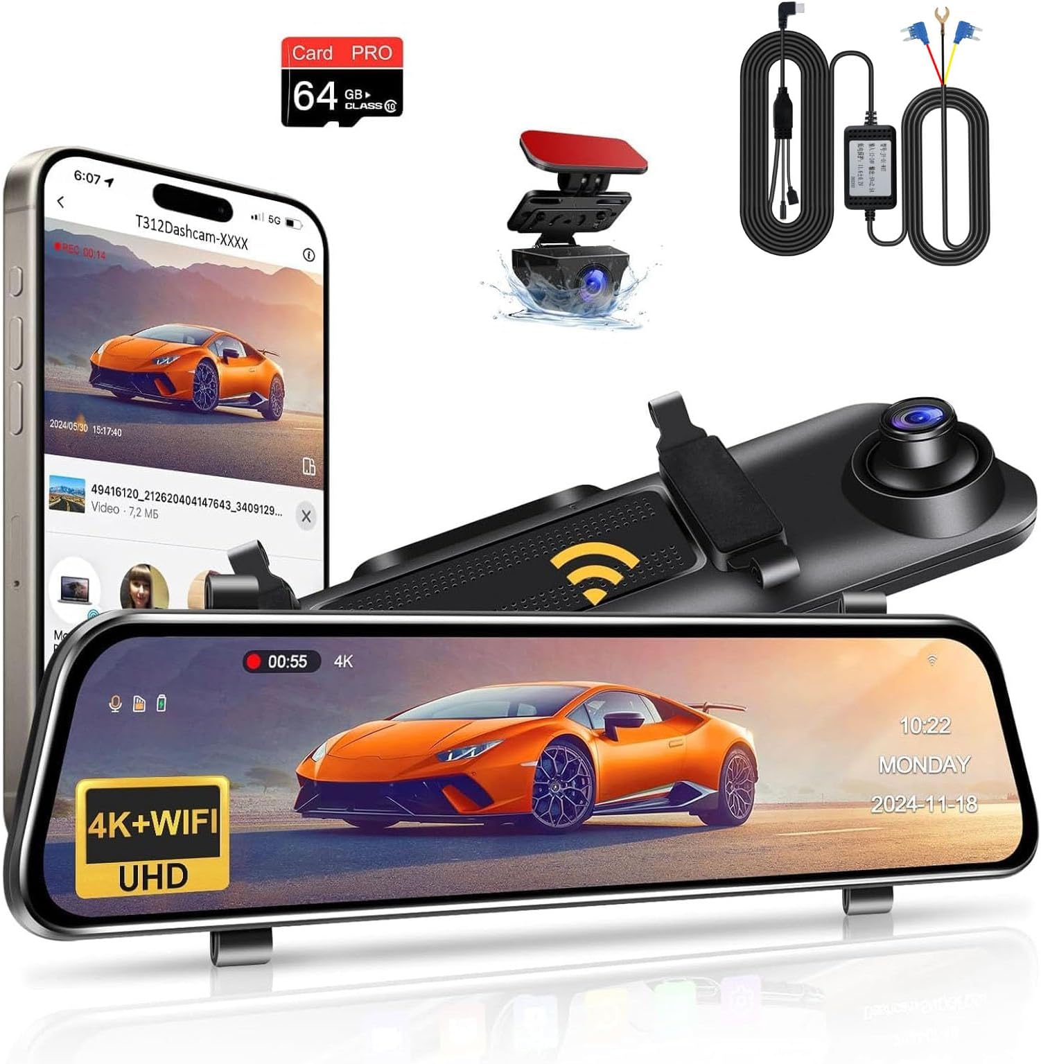 Amazon.com: WiFi 4K Rear View Mirror Camera 12" Mirror Dash Cam with ...