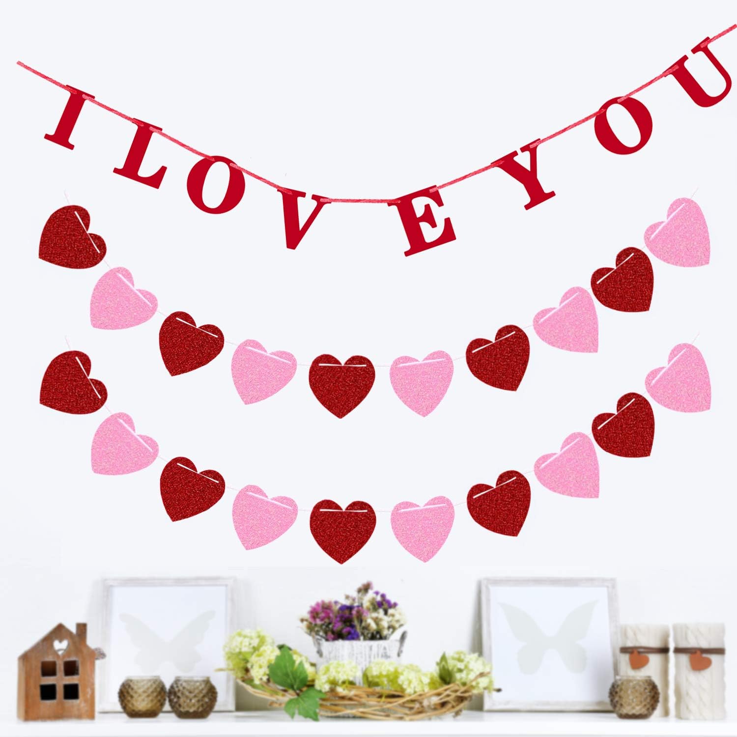 Amazon.com: Konsait Valentines Day Decor Glitter Red Love Heart Hanging ...