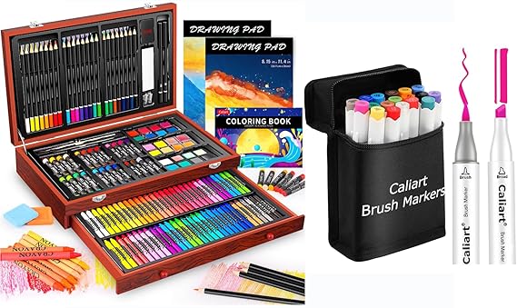 Amazon.com: Caliart 153-Pack Deluxe Wooden Art Set, 18 Colors Brush ...