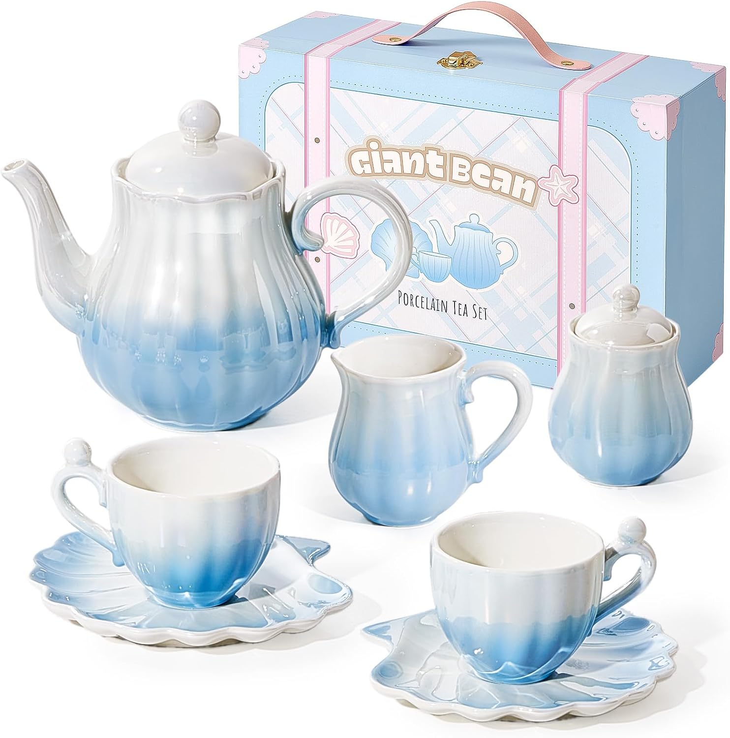 Amazon.com: Giant bean Porcelain Tea Set, Gradient Blue Real Tea Party ...