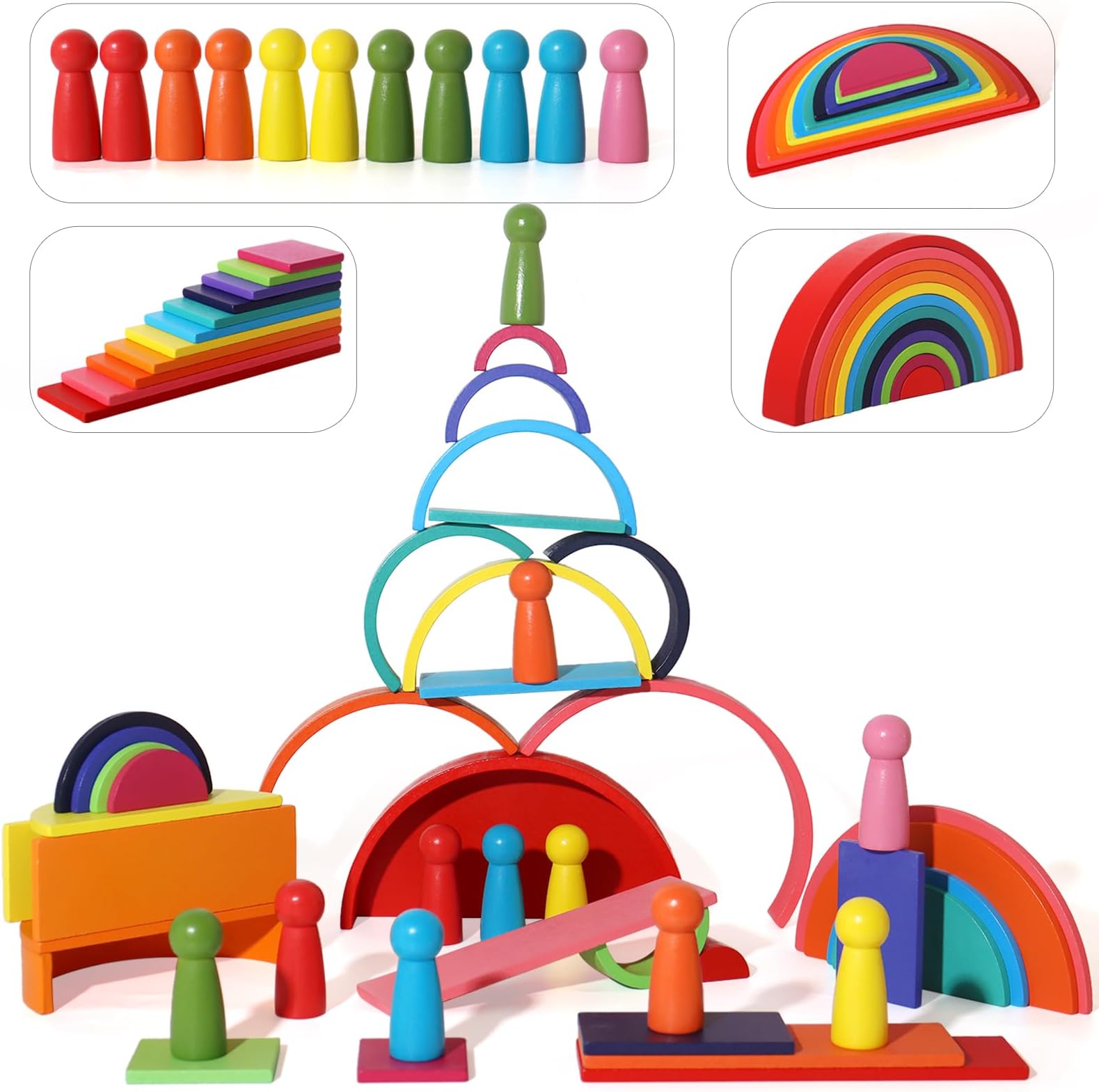 SHIERDU 45-Piece Wooden Rainbow Stack Set, 4-in-1 Building Blocks ...