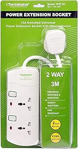 Terminator 2-Way Universal Power Extension Socket, 3M Cable, 13A Fused ...