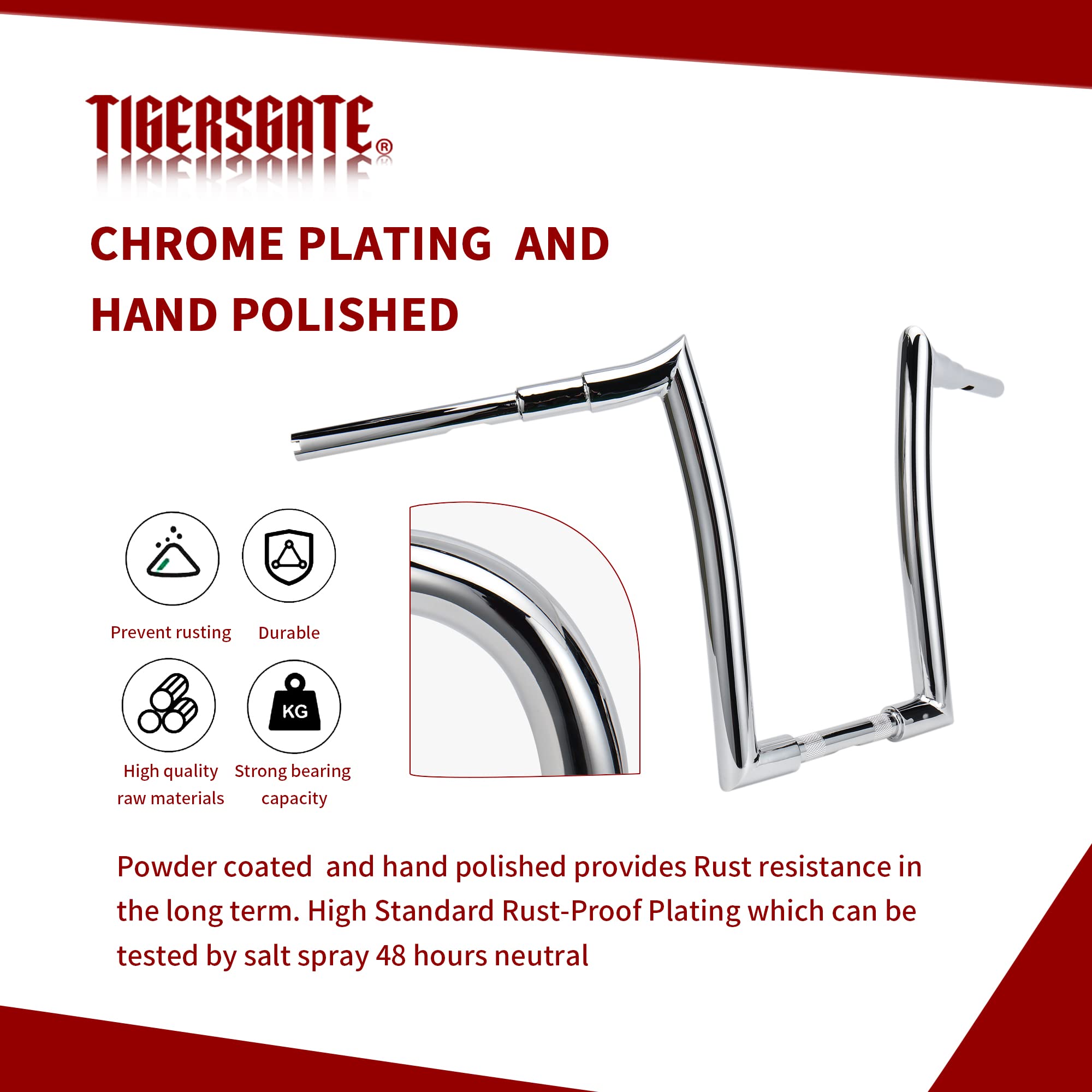 TIGERSGATE 1-1/2" Diameter Ape Hanger 16" Rise Handlebar for Harley ...