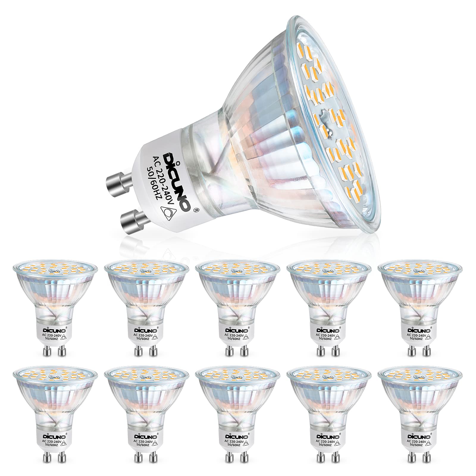 DiCUNO GU10 Dimmable LED Bulb, 4W Warm White 2700K Light Bulbs, 40W ...