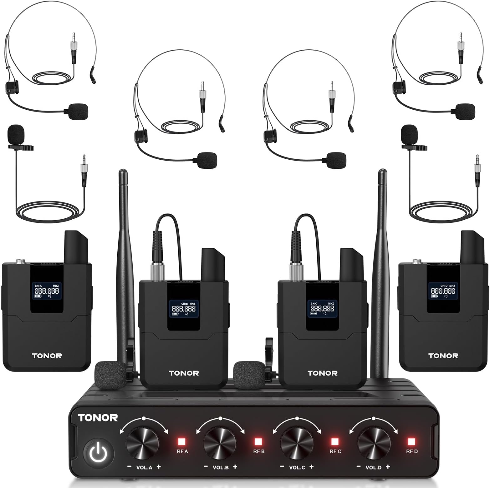 TONOR Set de Micrófono Inalámbrico UHF con 4 Transmisores Bodypack ...