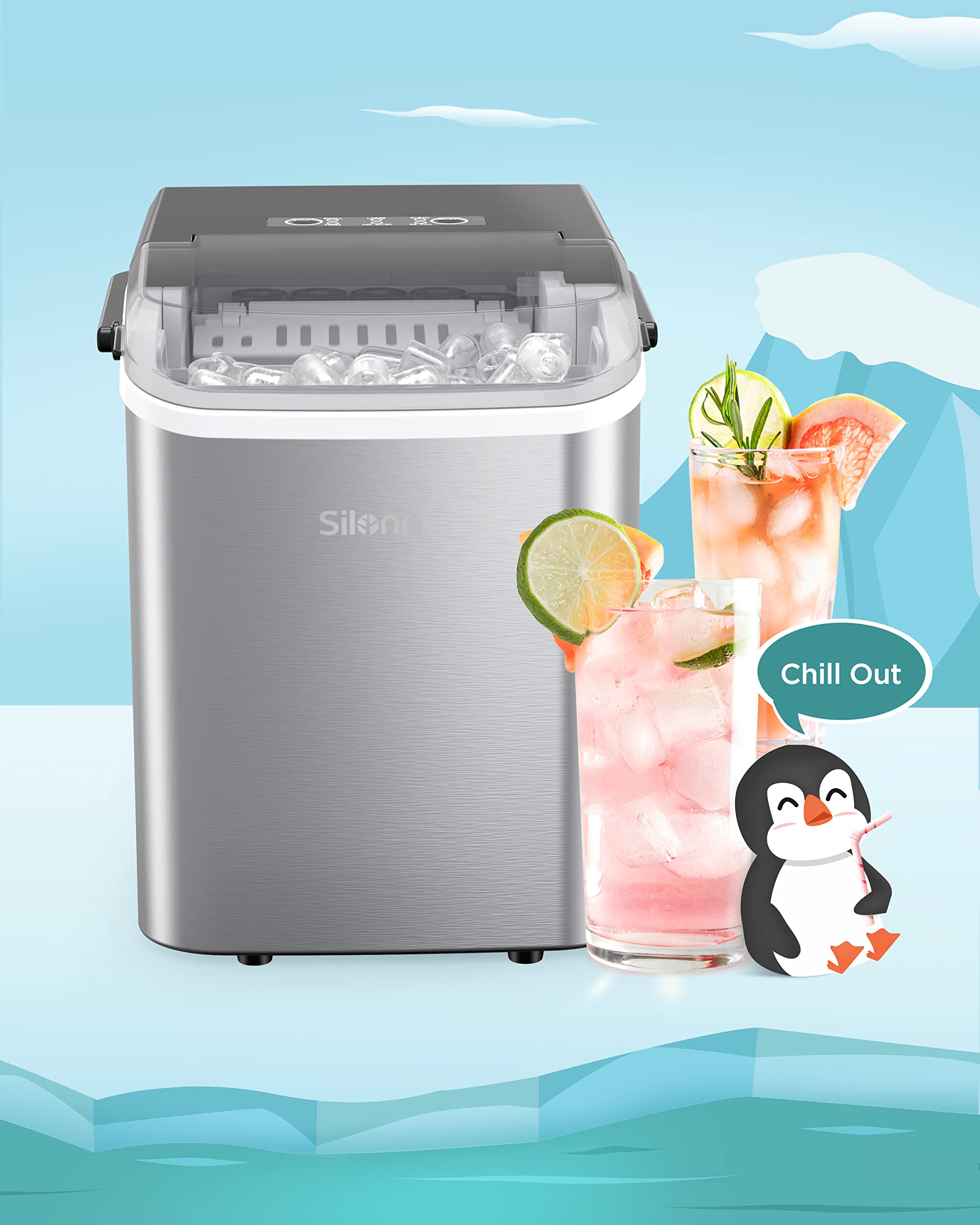 Silonn Countertop Ice Maker Machine with Handle, Portable Ice Makers Countertop, Makes up to 27 ...