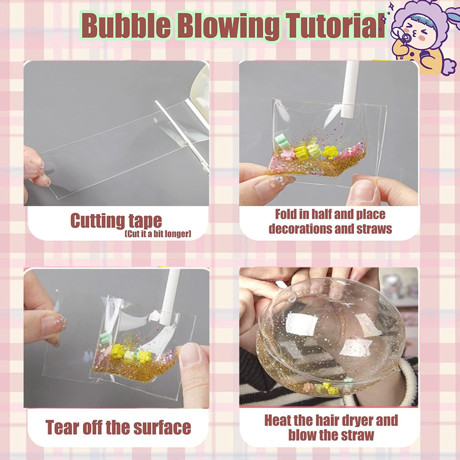 2 Pcs Nano Tape Bubbles Kit(9.84ft × 2inch) Big Nano Tape Kit Toy with Glitter and InflatorTape ...