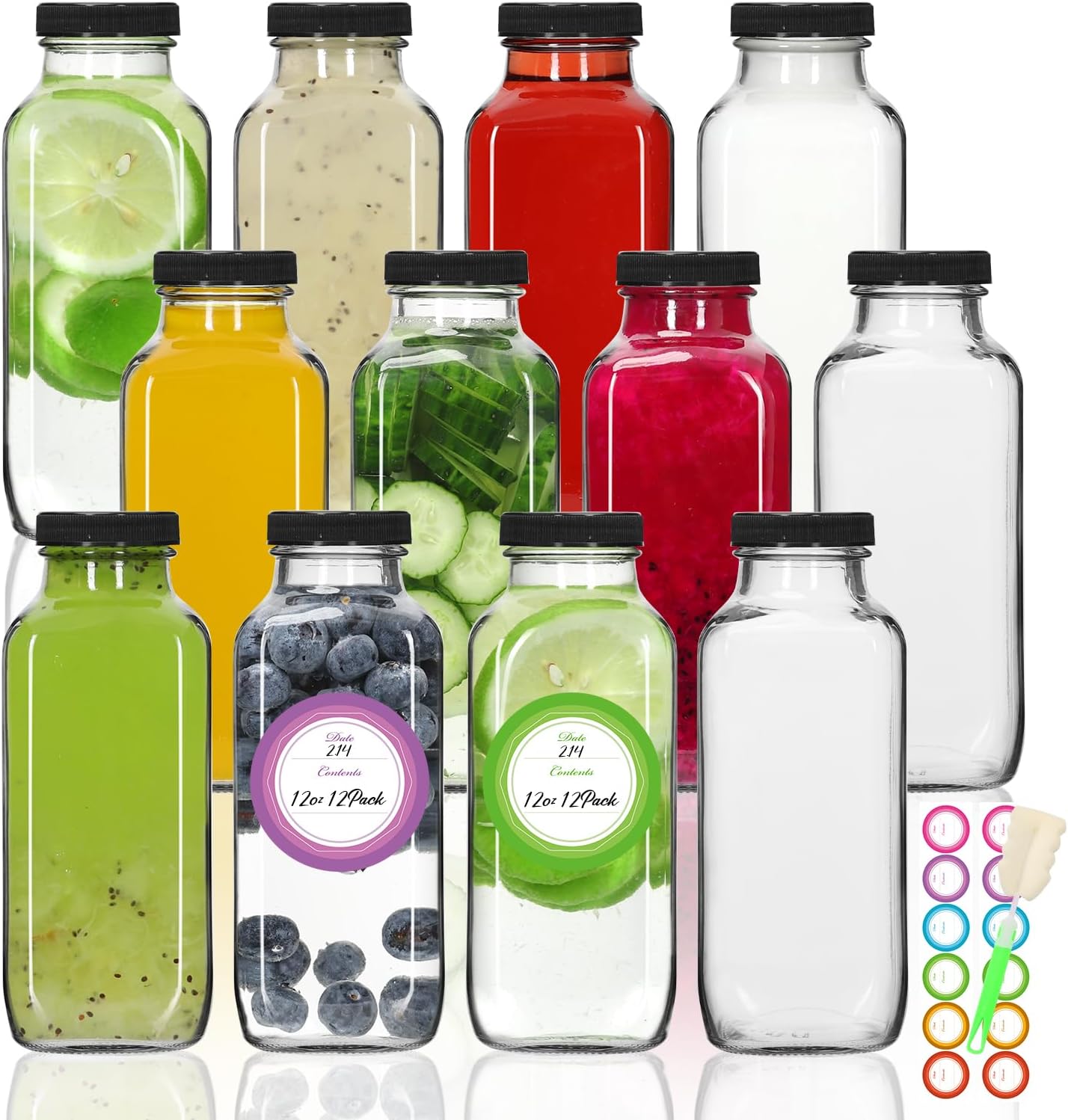 Amazon.com: STARSIDE 12 oz Glass Juice Bottles with Lids 12 Pack - Square Reusable Drinking Jars ...