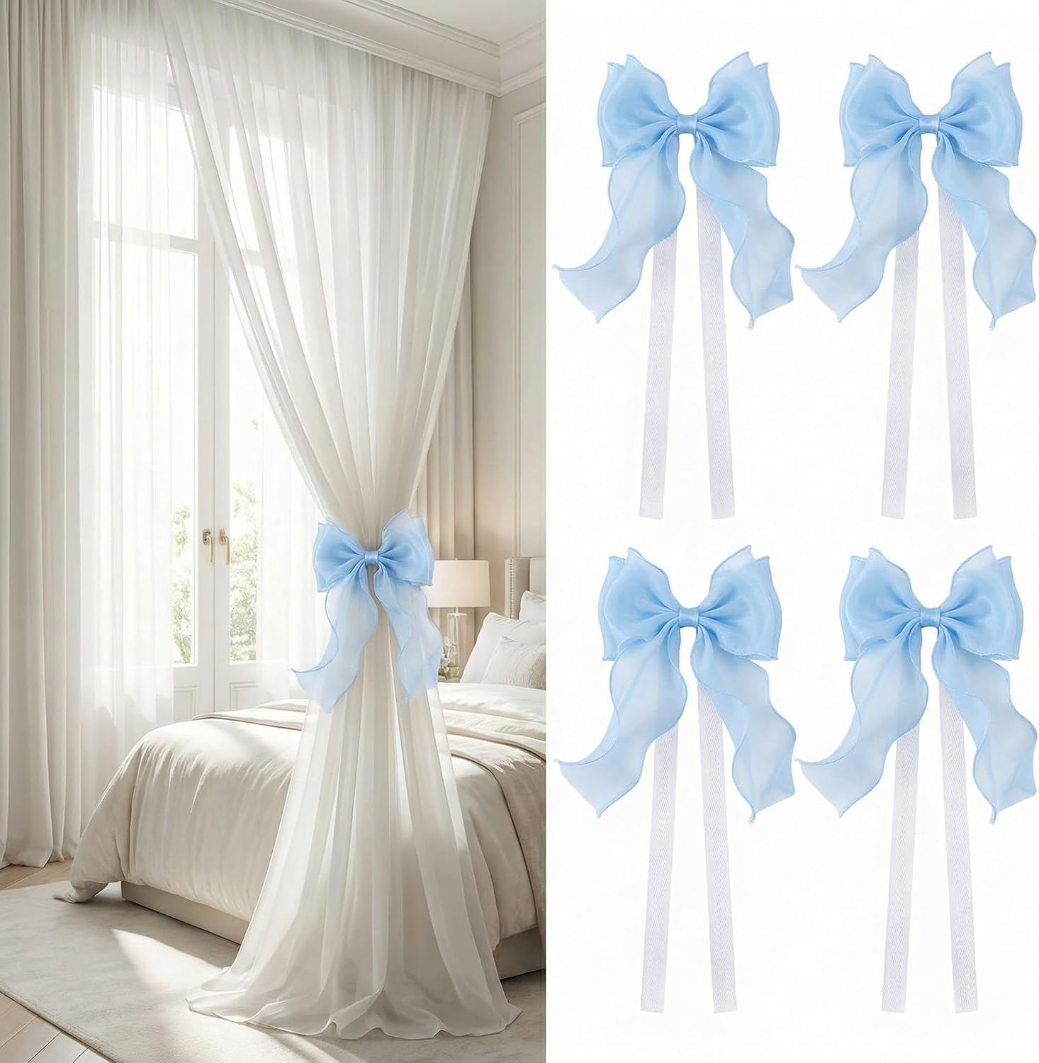 Amazon.com: 4 Pack Silky Bow Curtain Tiebacks, Lace Ribbon Bowknot ...