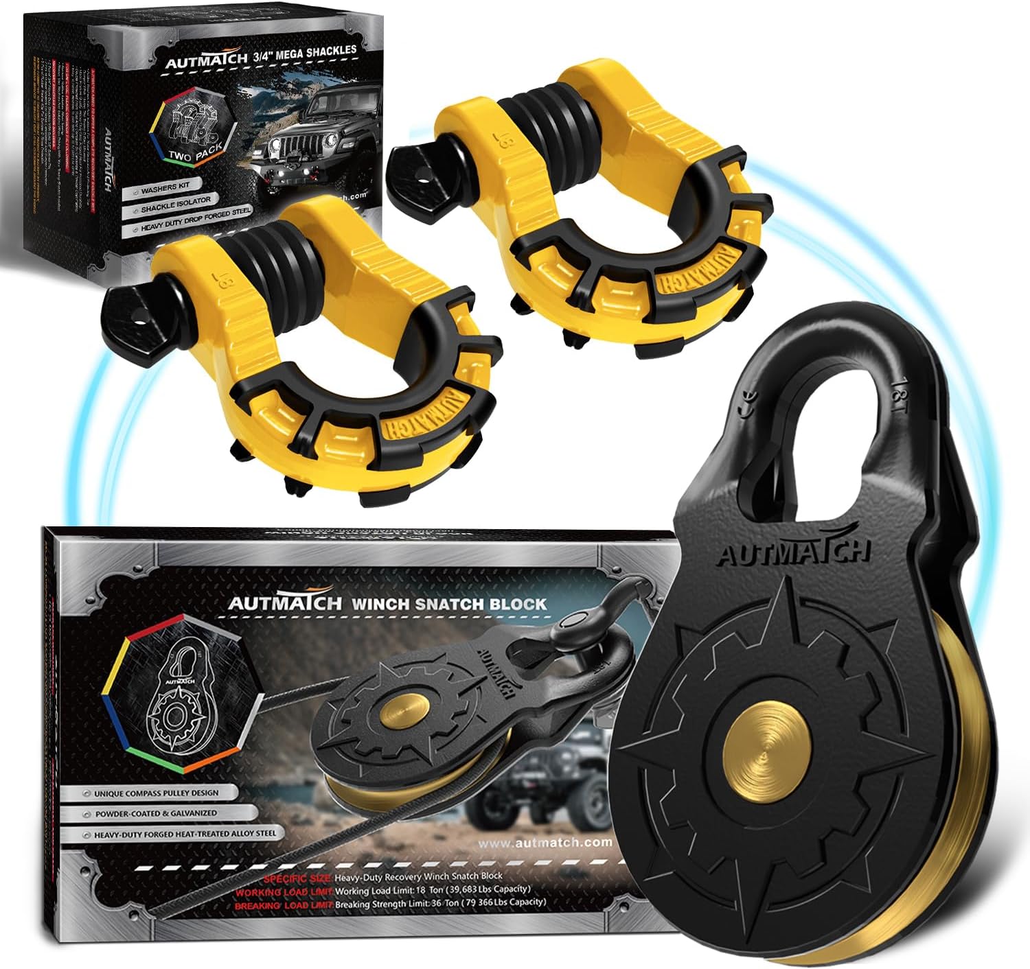 Amazon.com: AUTMATCH Mega Shackles 3/4" with Winch Snatch Block Pulley ...