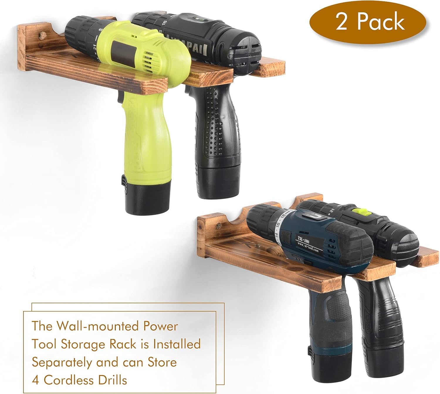 2Pack Wooden Storage Rack for Electric Drill, Hanging Wall Mounted ...