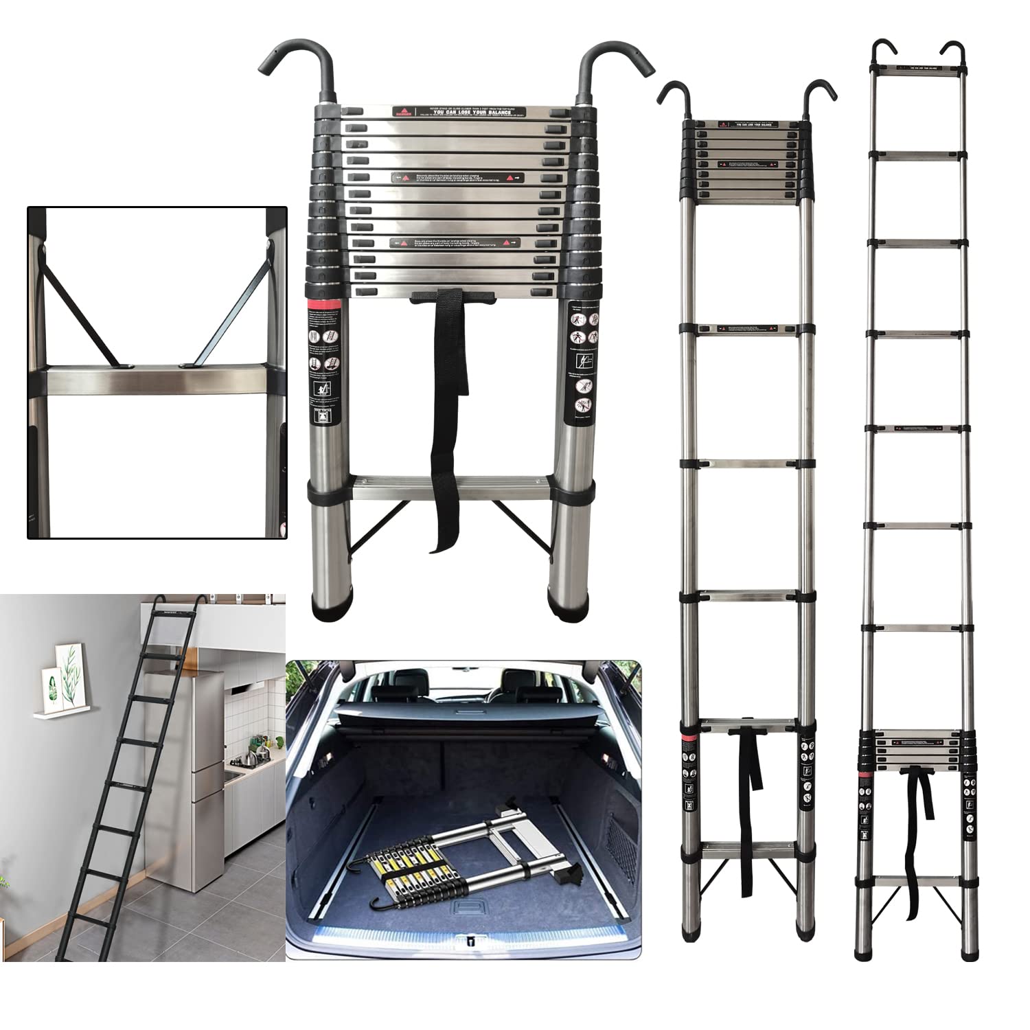 Telescopic Ladder 5M/16.4FT Multi-Purpose Extension Loft Ladder Folding ...