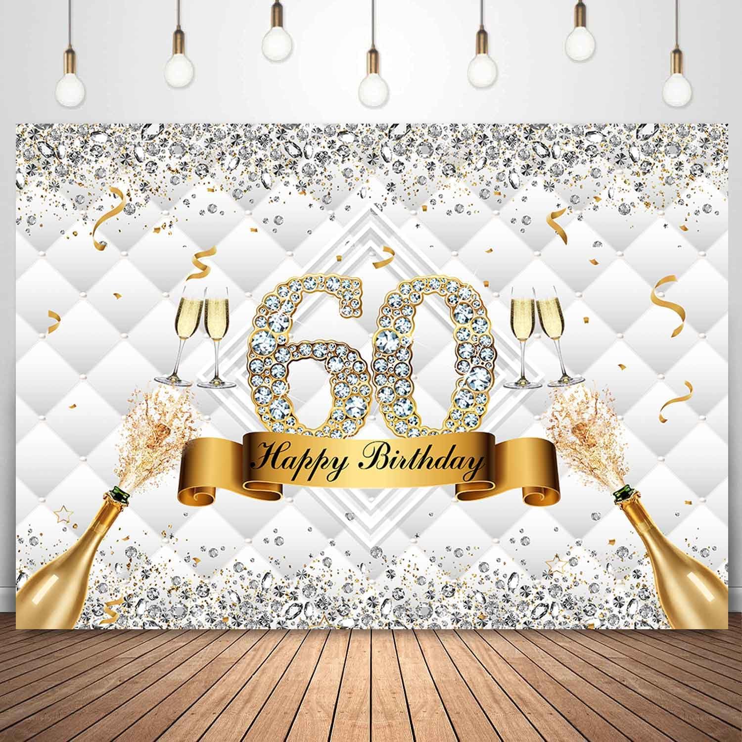 Amazon.com : Sensfun Happy 60th Birthday Backdrop White Gold Silver ...