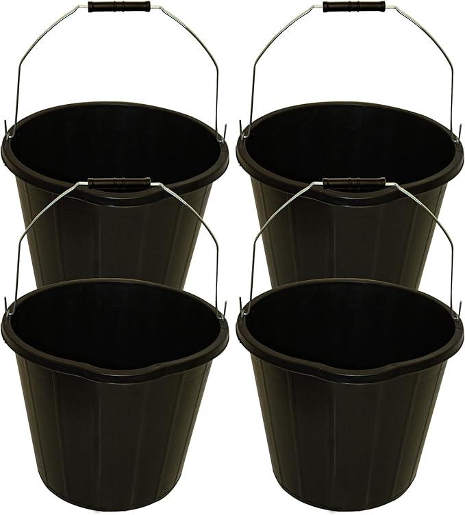 KMJ 4 Pack 14L- 3 Gallon Heavy Duty Black Builders' Bucket, Sturdy Car ...