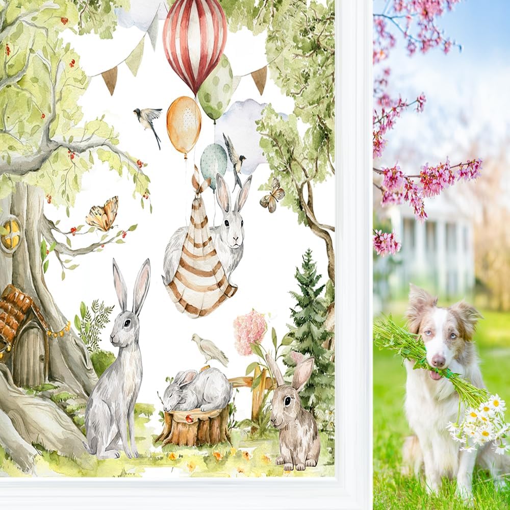 Cartoon Rabbit Window Clings,Easter Cute Bunny Watercolor Flower ...