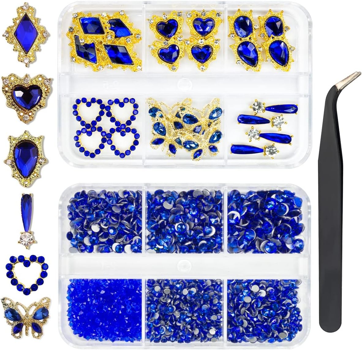 Amazon.com: 24pcs Blue Luxury Nail Charms +2000pcs Sapphire Rhinestones ...