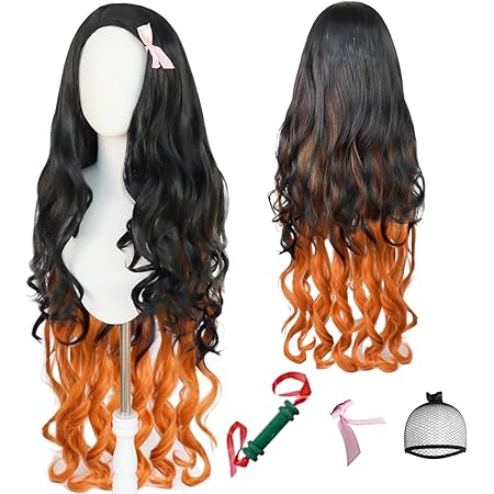 Amazon.com: Kamado Nezuko Cosplay Wig Women Black Orange Gradient Long ...