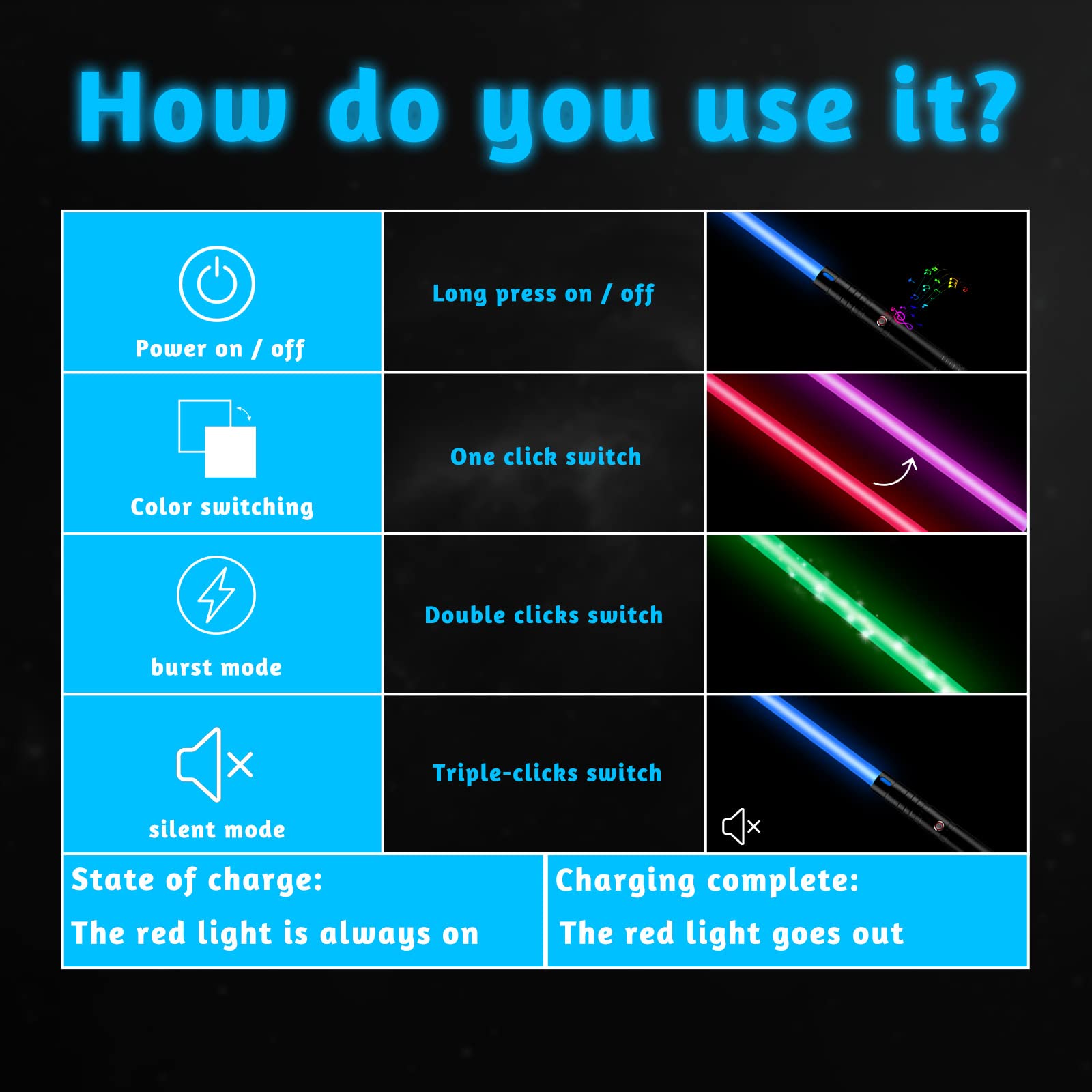 Lightsaber Type-C Rechargeable Cosplay RGB 15 Colors 2 pcs, Aluminum ...