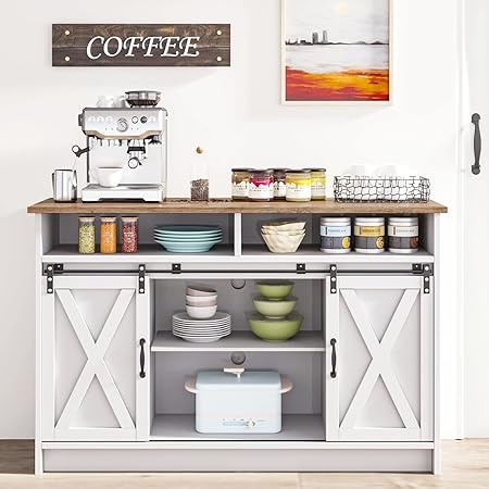 Amazon.com - 4 EVER WINNER Farmhouse Coffee Bar Cabinet with Storage, White Sideboard Buffet ...