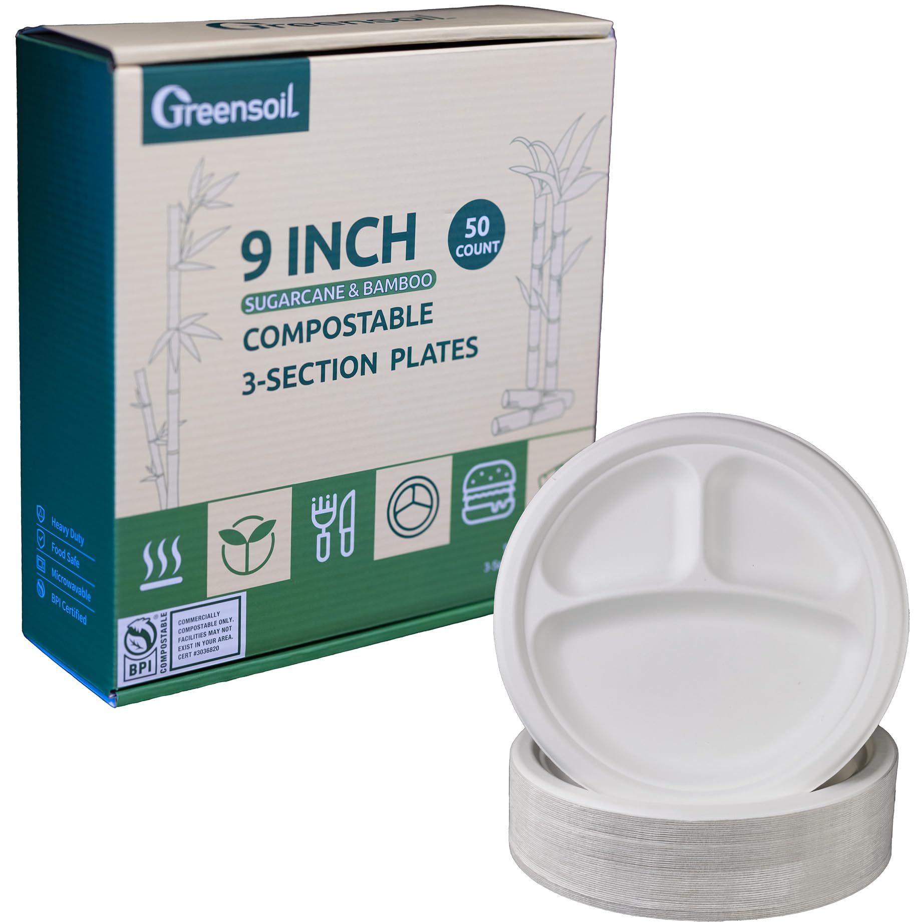 Amazon.com: Greensoil 9 Inch Compostable Plate - 3-Section Divided, 50 ...