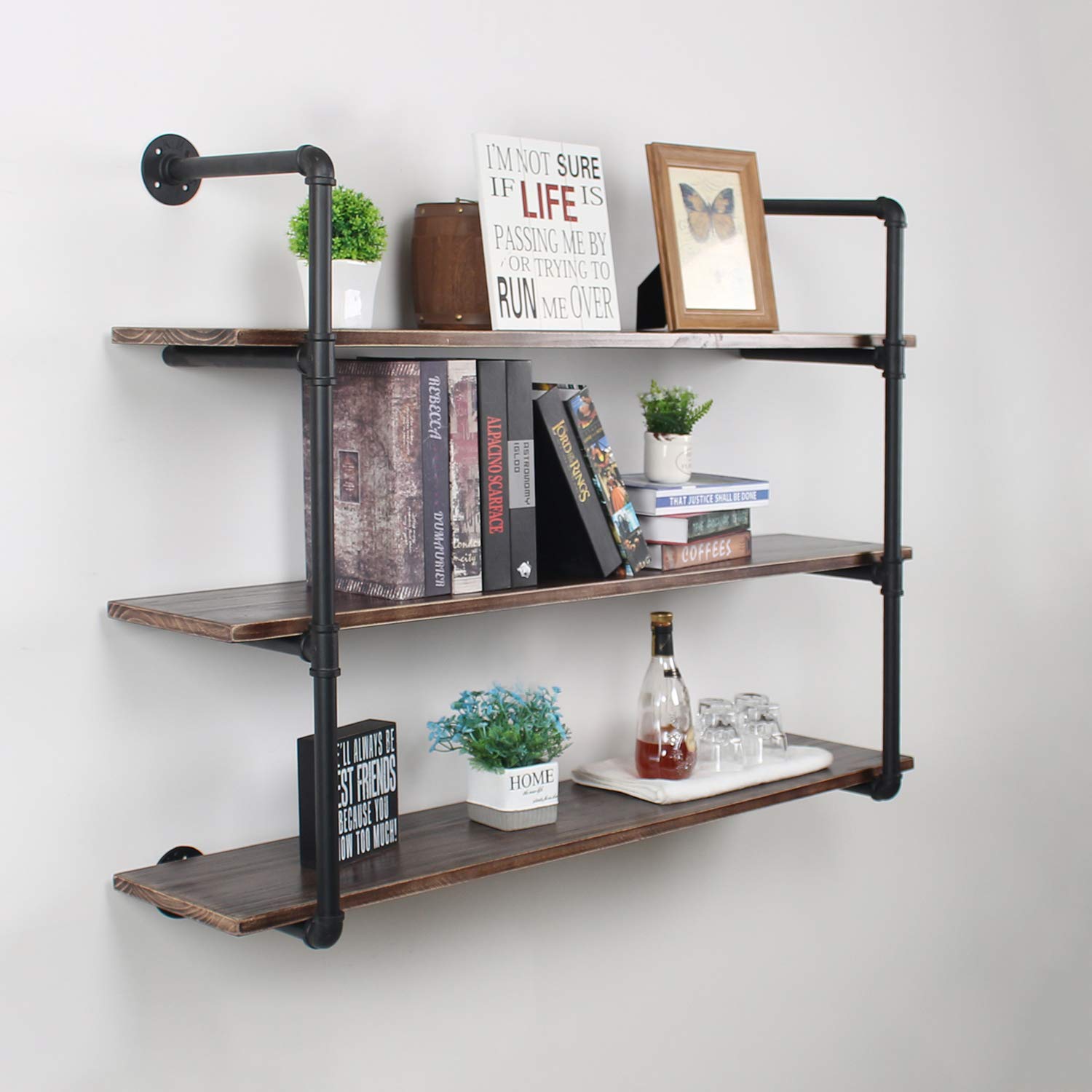 LENGEN Industrial Floating Shelves Wall Mount,48in Rustic Pipe Wall ...