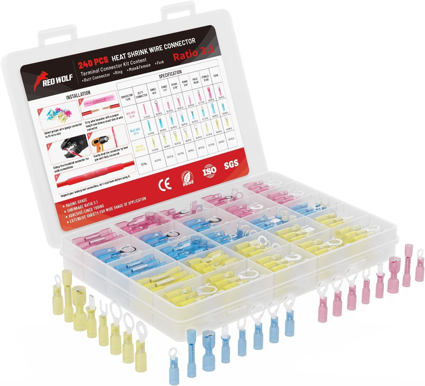 Amazon.com: RED WOLF 240PC Heat Shrink Wire Connector Butt Kit ...