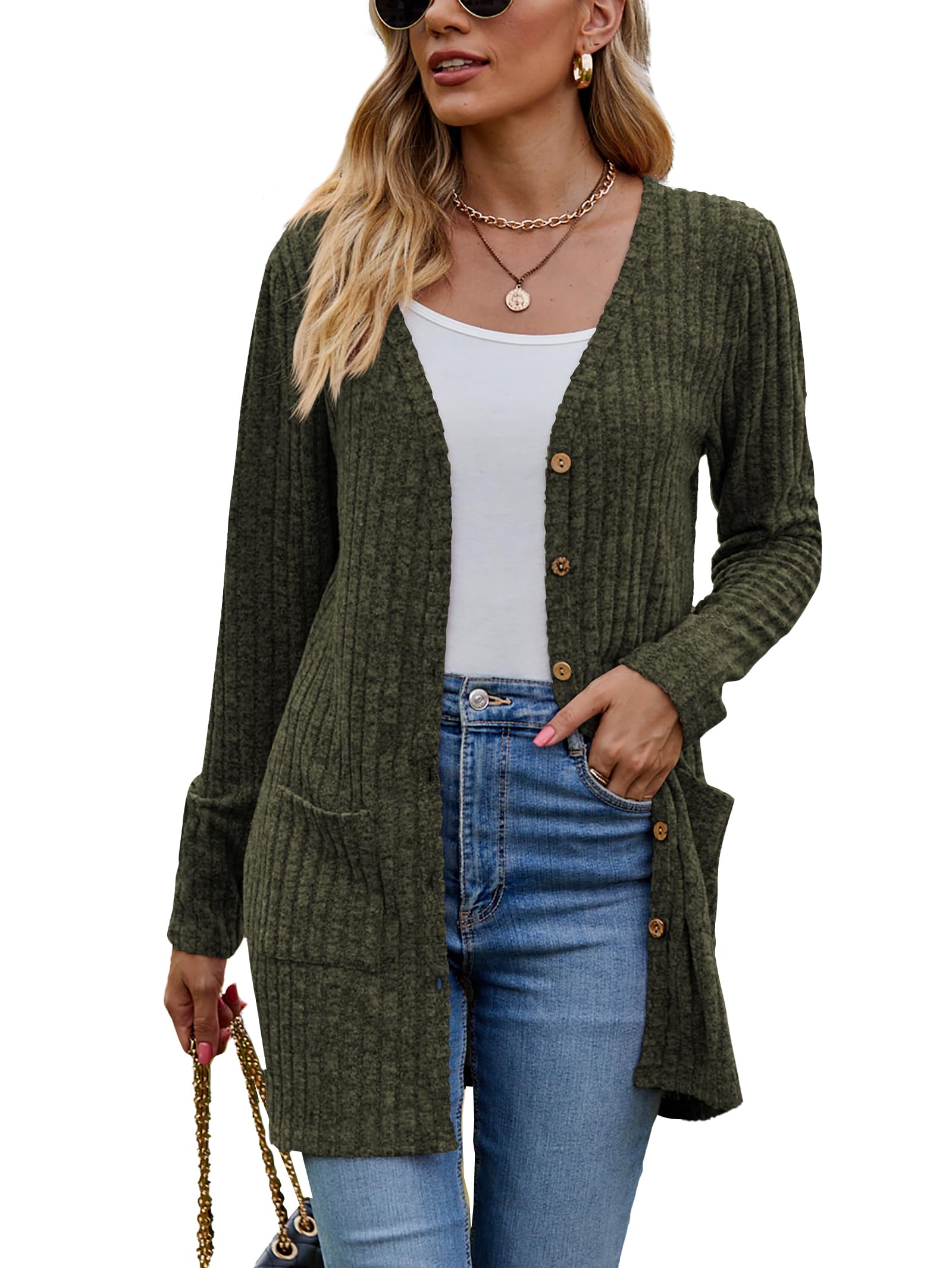 Famulily Women's Long Sleeve Open Front Cardigans, Button Down V Neck ...