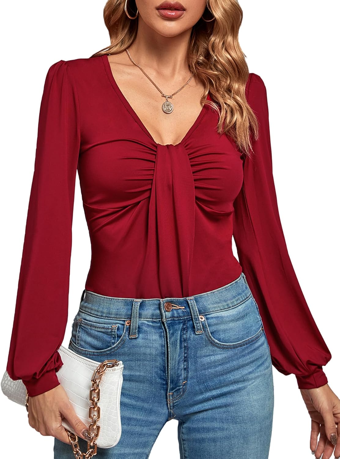 Rooscier Women's V Neck Long Sleeve Ruched Slim Fit Elegant Workwear ...