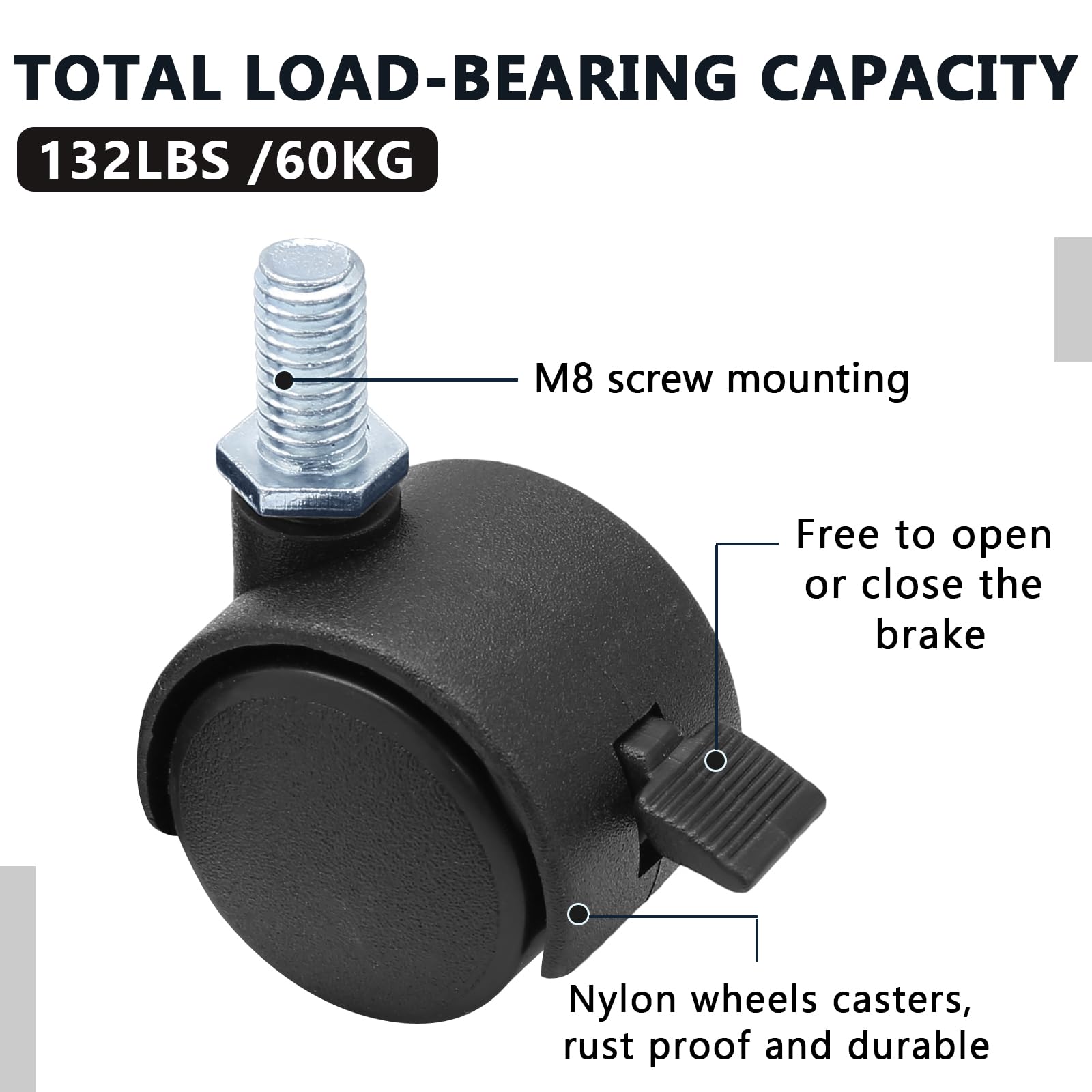 Snapklik.com : Murtenze 1 Inch Black Plastic Stem Casters Set Of 4, M8 ...