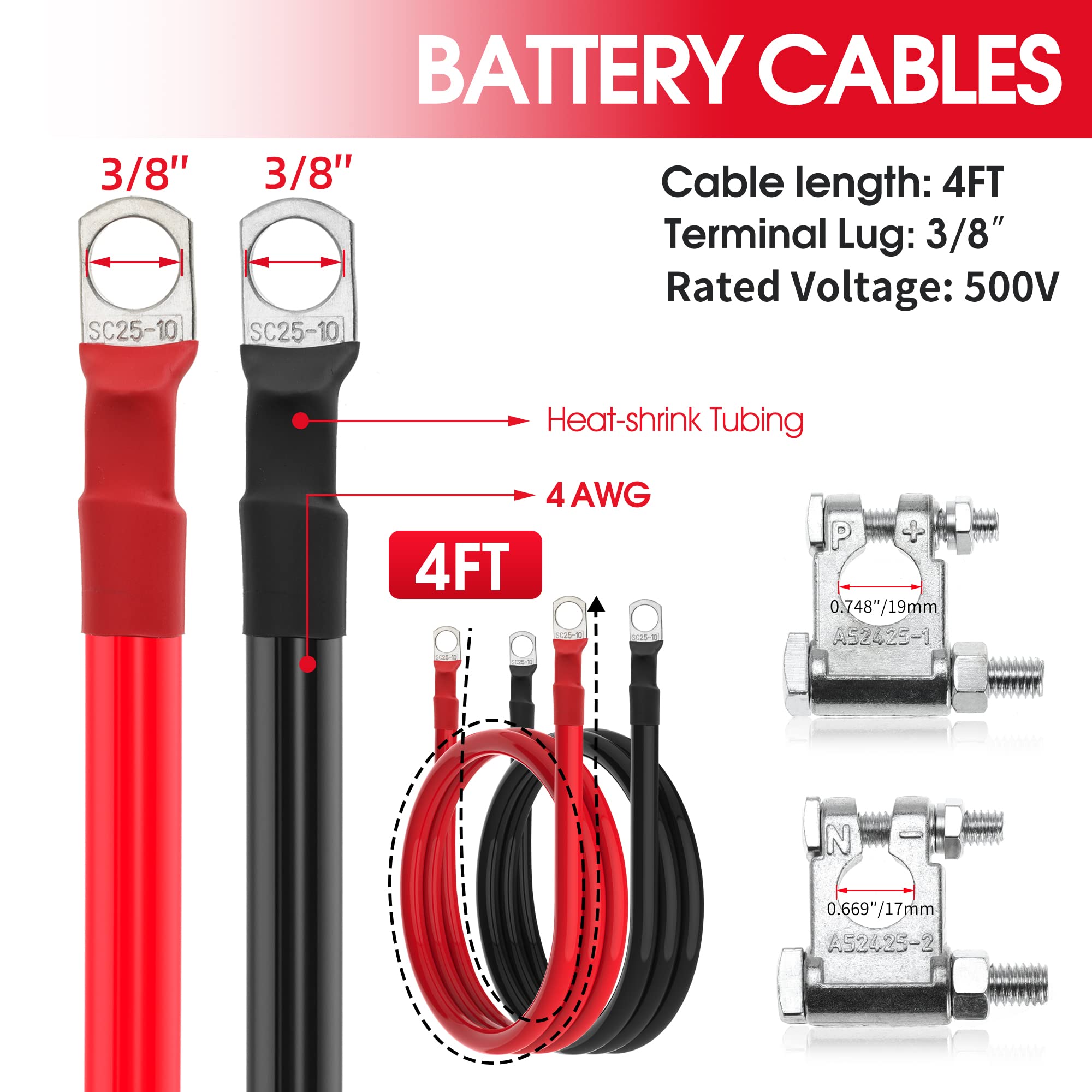 2 Gauge Battery Cable Letivay 4AWG Battery Cables Pure Copper With 3/8 ...