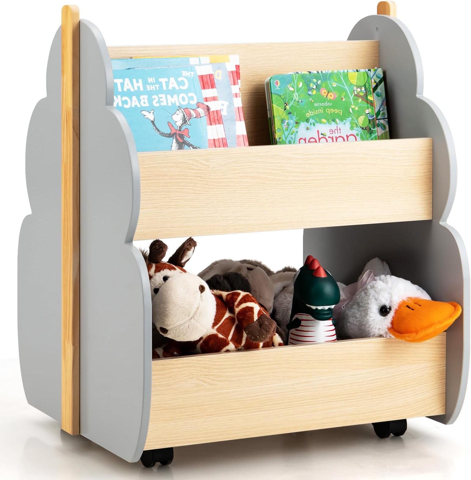 COSTWAY Kids Bookshelf with Wheels, Children Wooden Display Rack Double ...