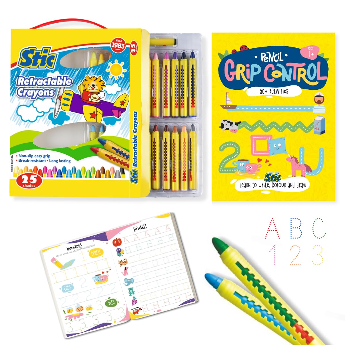 Stic 25 Retractable Crayons Pencil Control Colouring Book Toddler ...