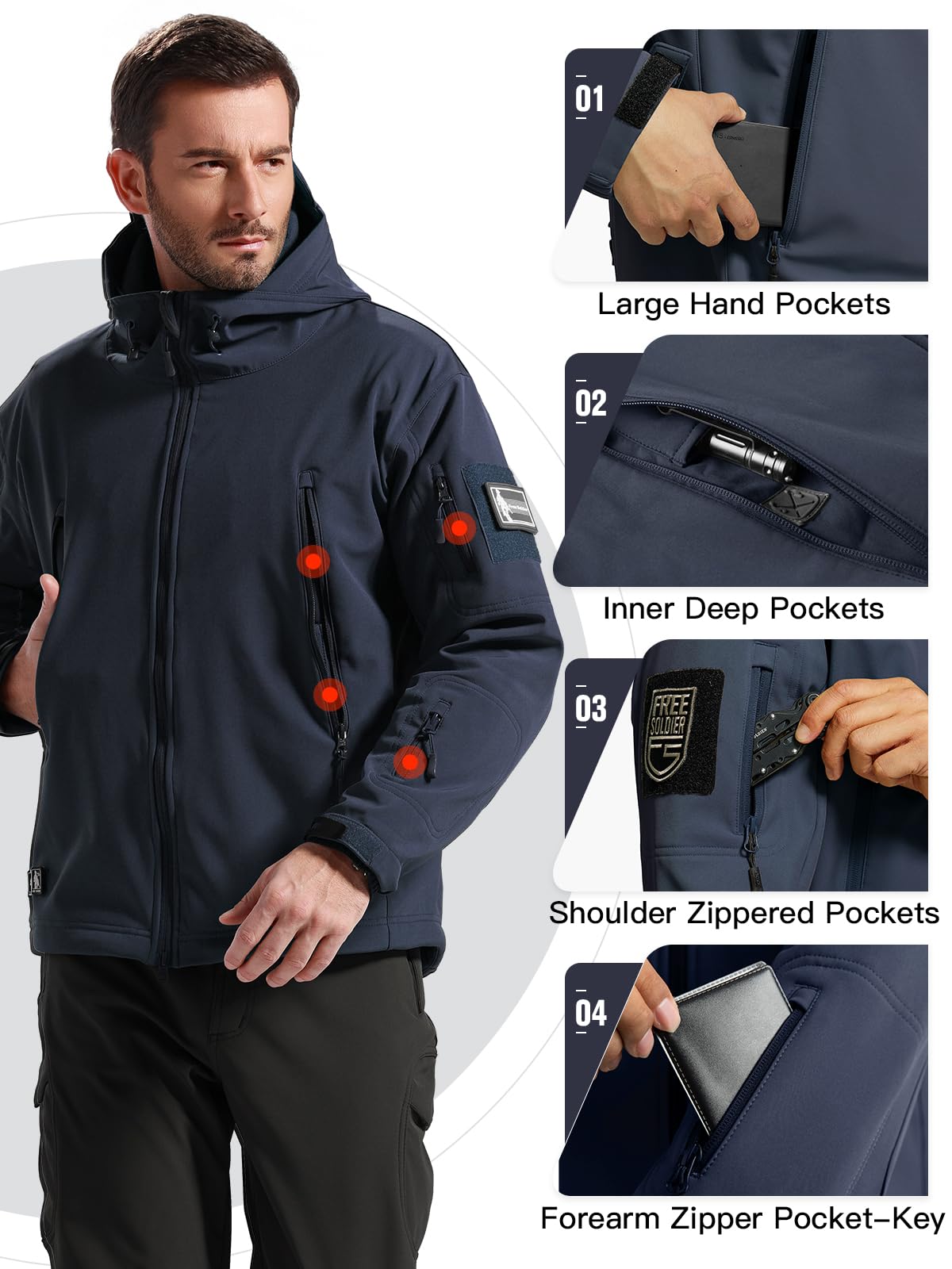 Snapklik.com : FREE SOLDIER Mens Outdoor Waterproof Soft Shell Hooded ...