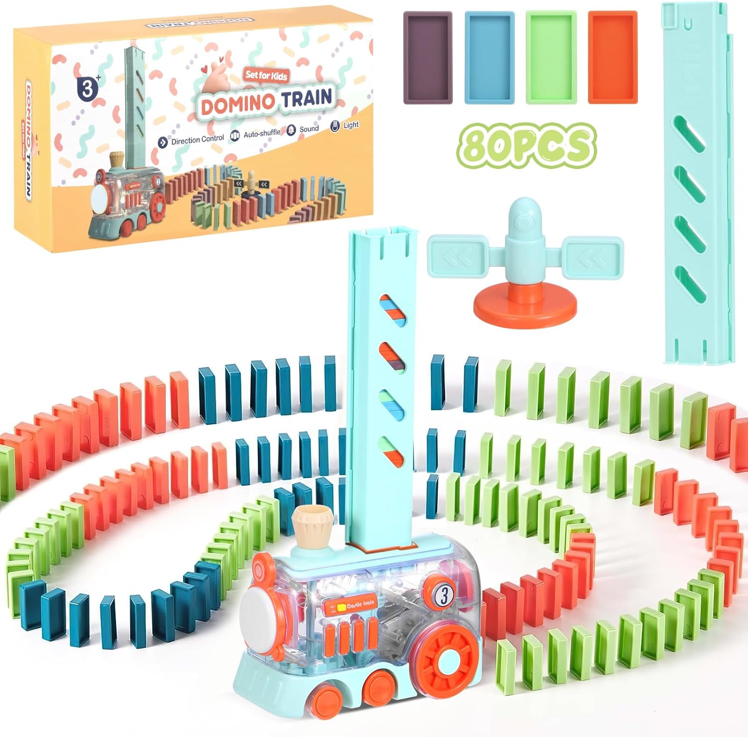 Domino Train Blocks Set, Electric Domino Train Toy with 80 Pcs Domino ...