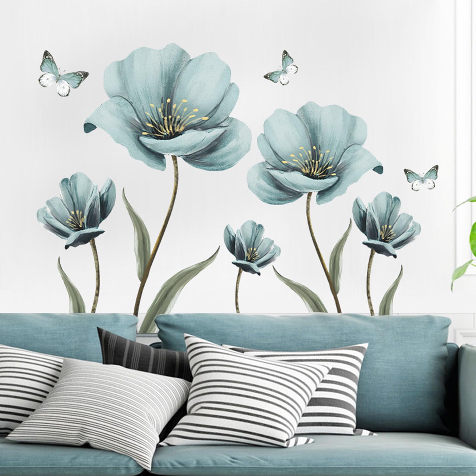 Amazon.com: Blue Flower Wall Decals Peel and Stick Floral Plants Wall ...