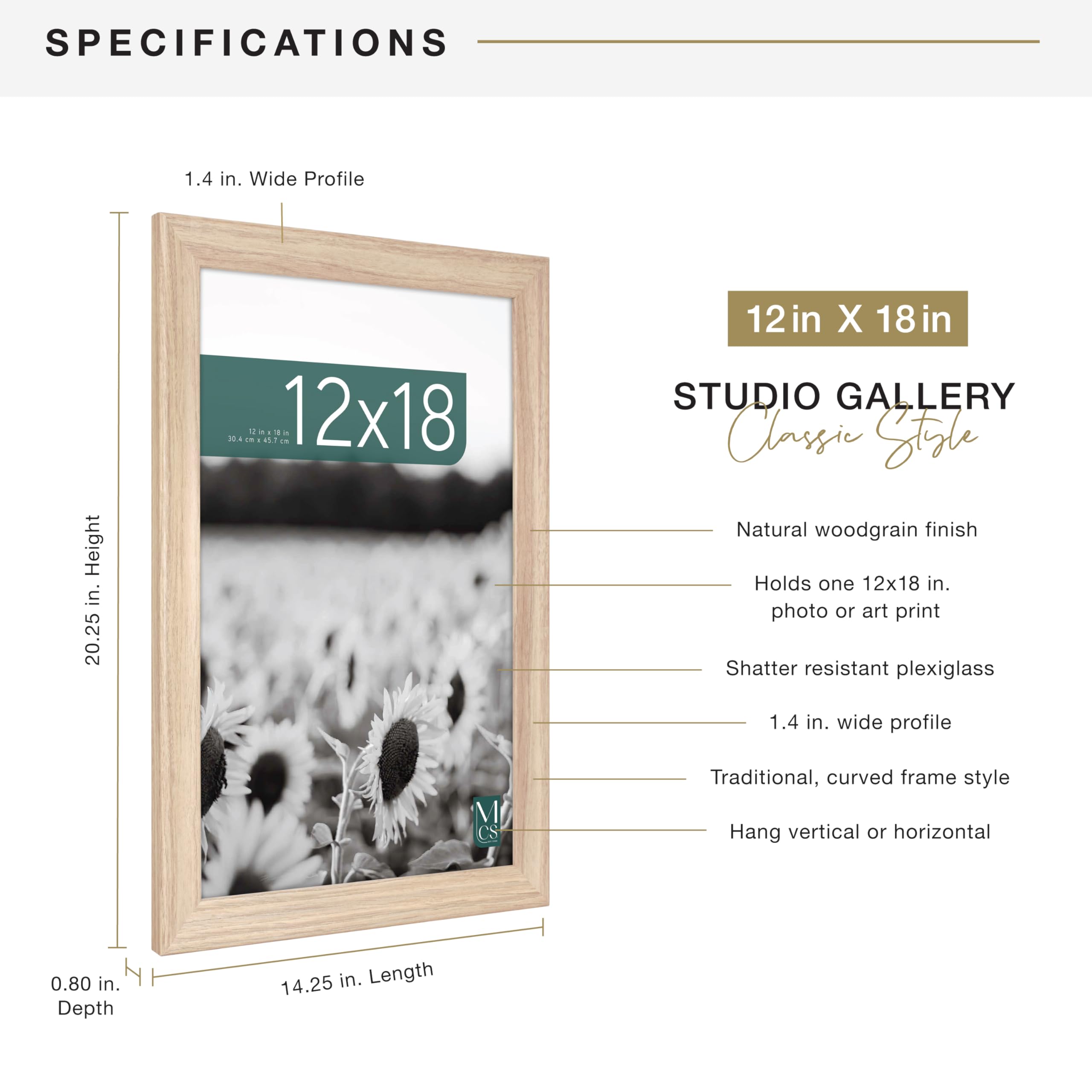 Snapklik.com : MCS Studio Gallery Classic 12x18 Picture Frame Natural ...