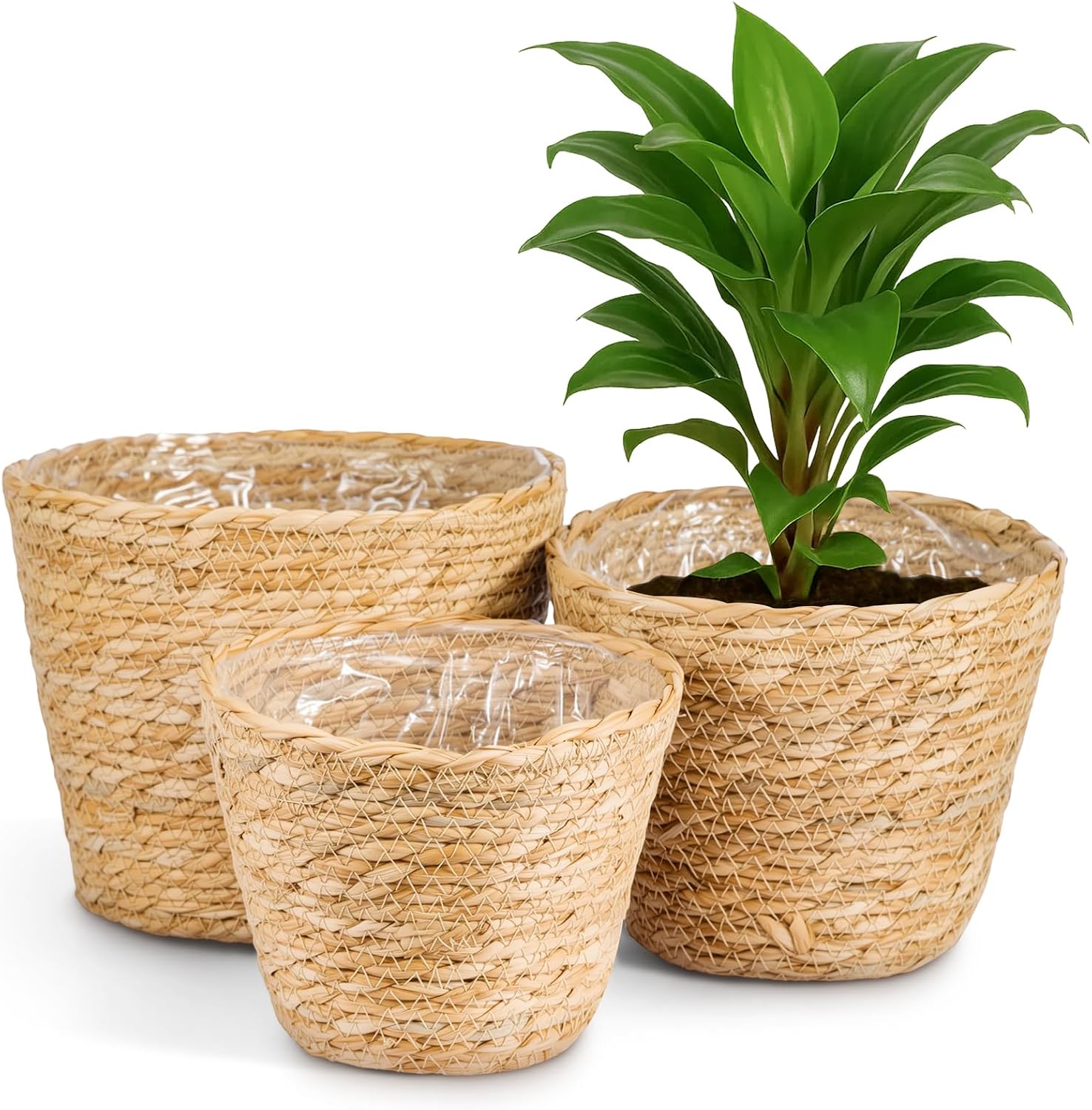 GREENSAPPIRE 3 Pcs Wicker Plant Pots Seagrass Planter Basket, Flower ...