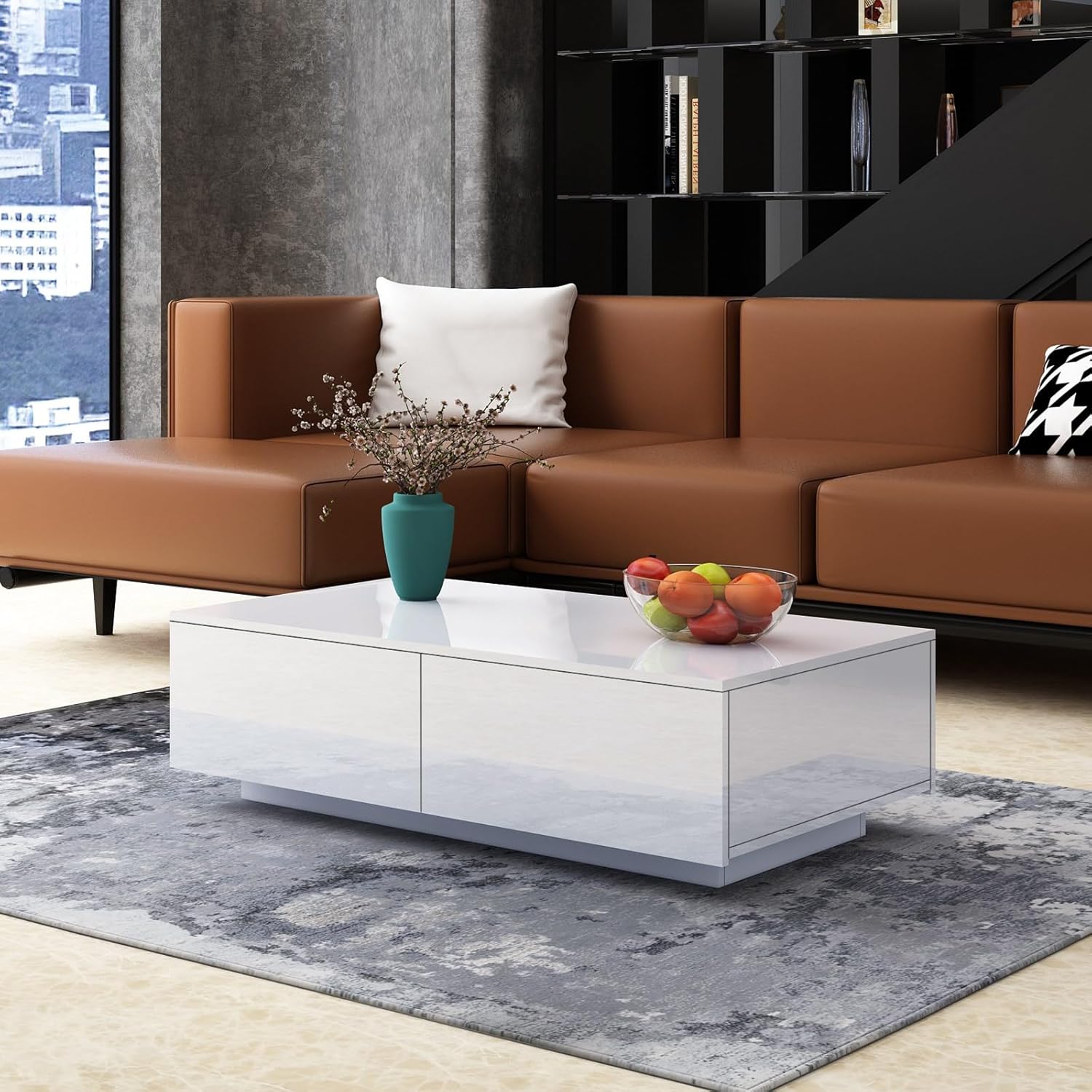 White Coffee Tables Living Room, Wooden Centre Table High Gloss with 4 ...