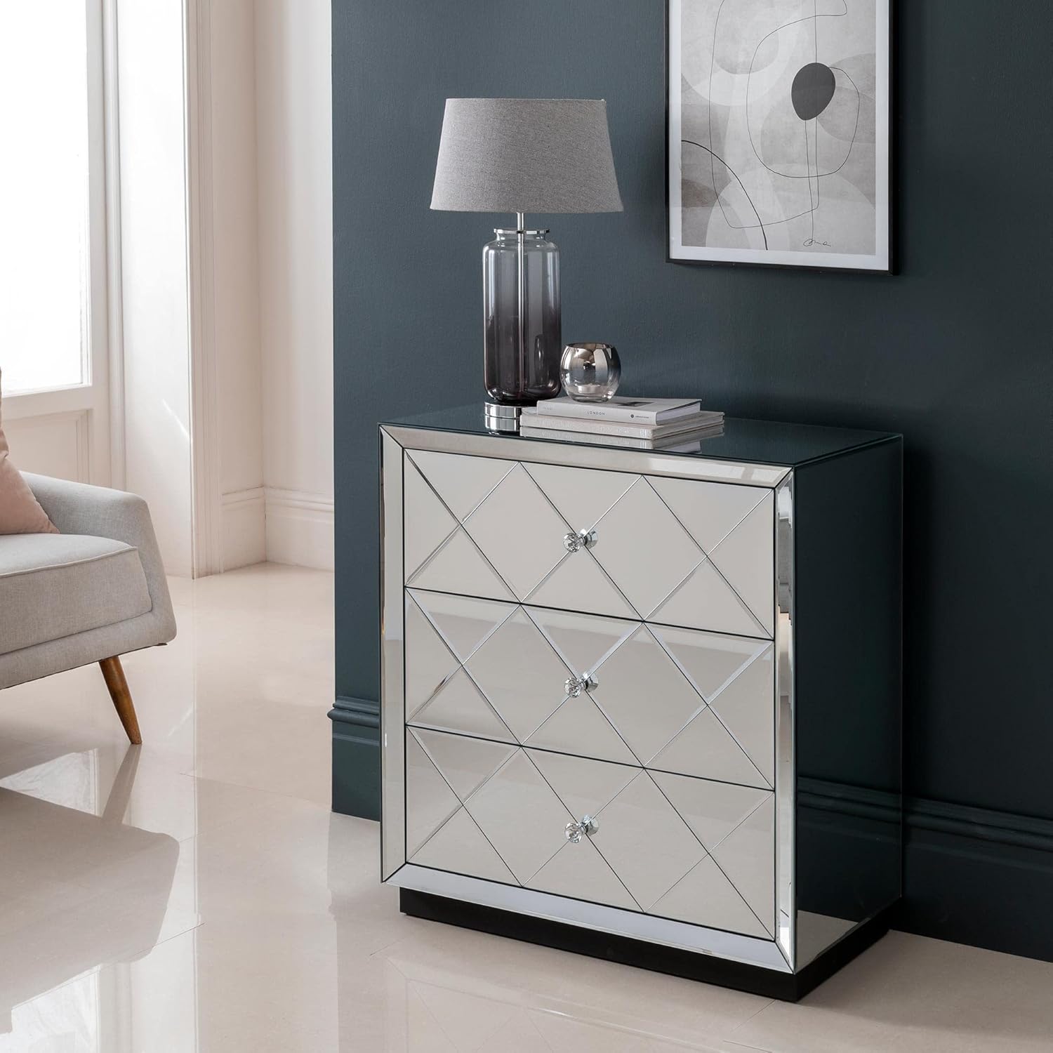 Homesdirect365 Mirrored Diamond Pattern 3 Drawer Chest of Drawers ...