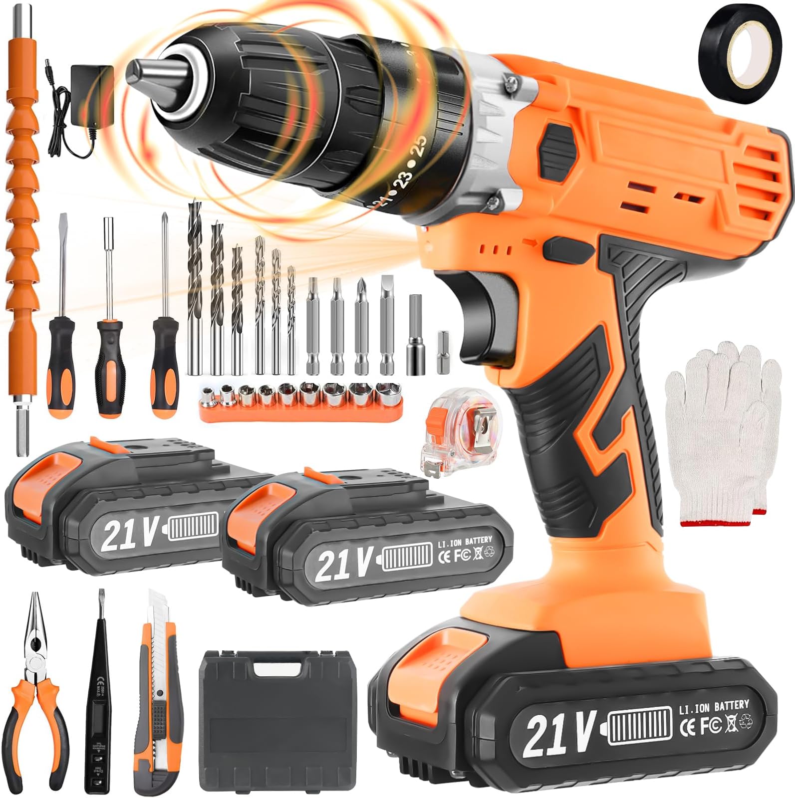 Taladro inalámbrico de 21V, juego de taladro de dos velocidades con ...