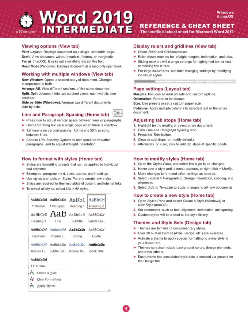 Buy Word 2019 Intermediate Desktop Reference and Cheat Sheet: Formatting, Mailings, References ...