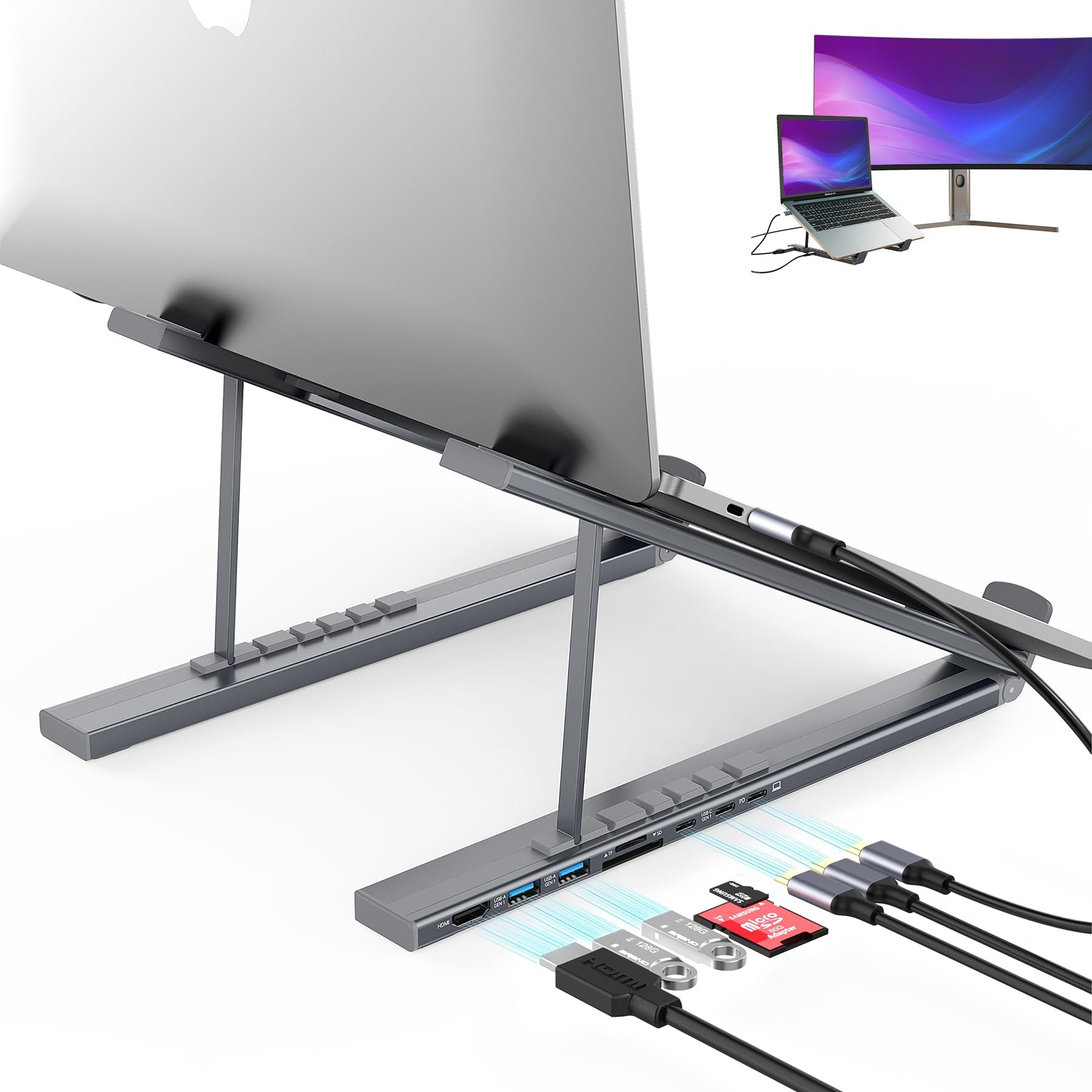 Support Ordinateur Portable, 7 in 1 Station d'accueil avec 4K@30Hz HDMI ...