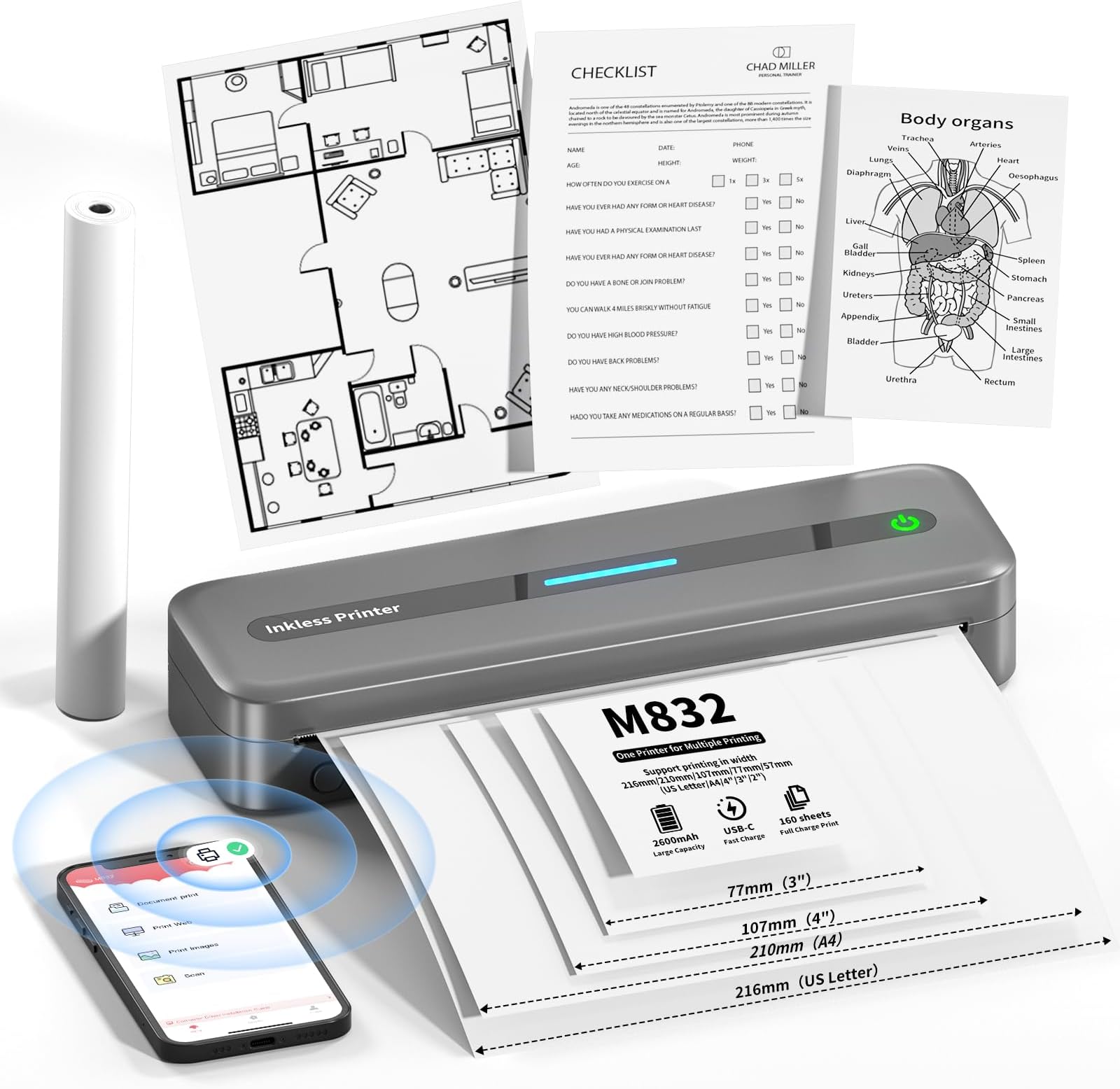 Amazon.com: Betife Portable M08F Wireless Bluetooth Printer Support 8.5 ...