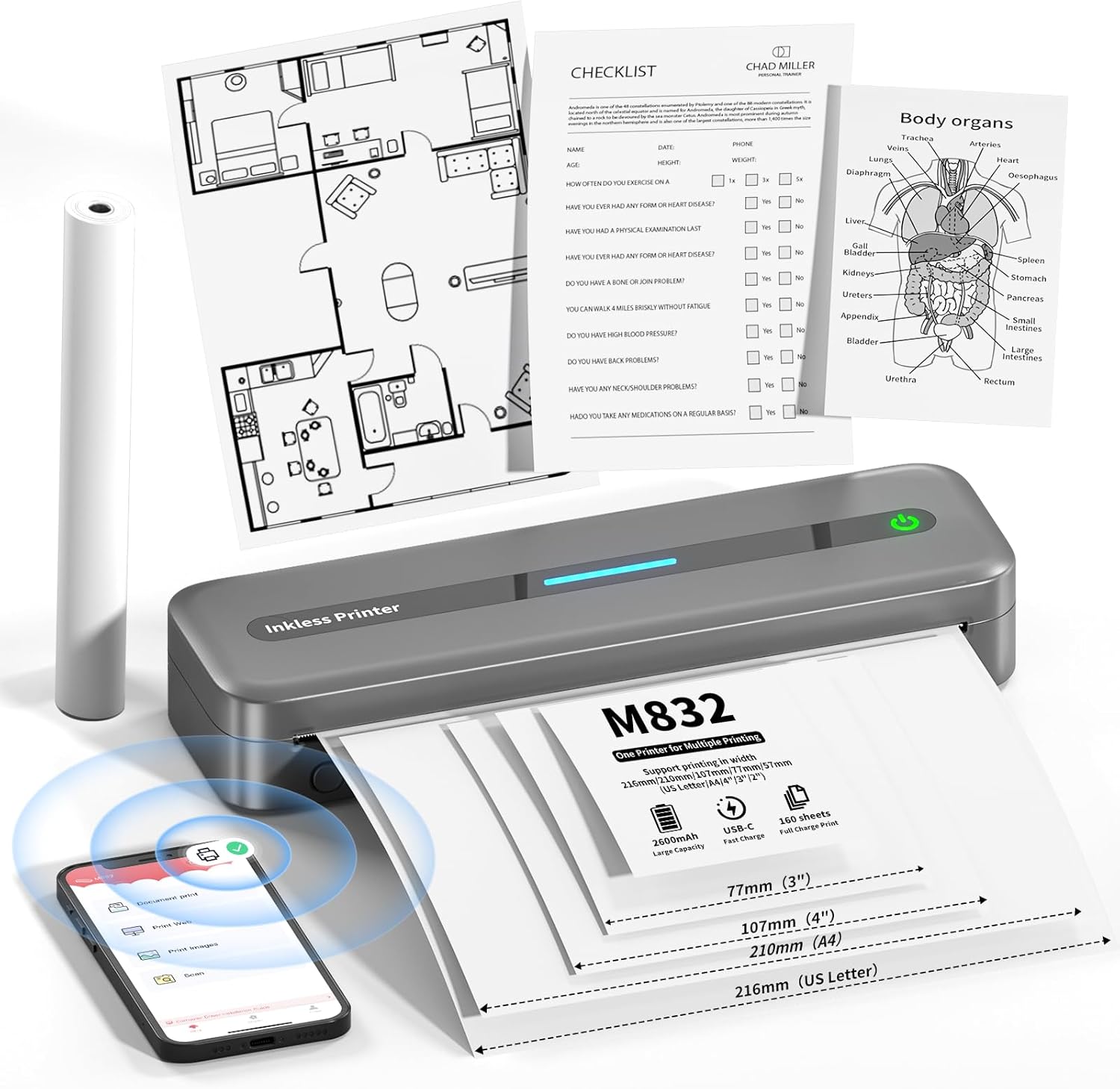 Itari Thermal Portable Printer - M832 Inkless Printer Support 8.5'' x ...
