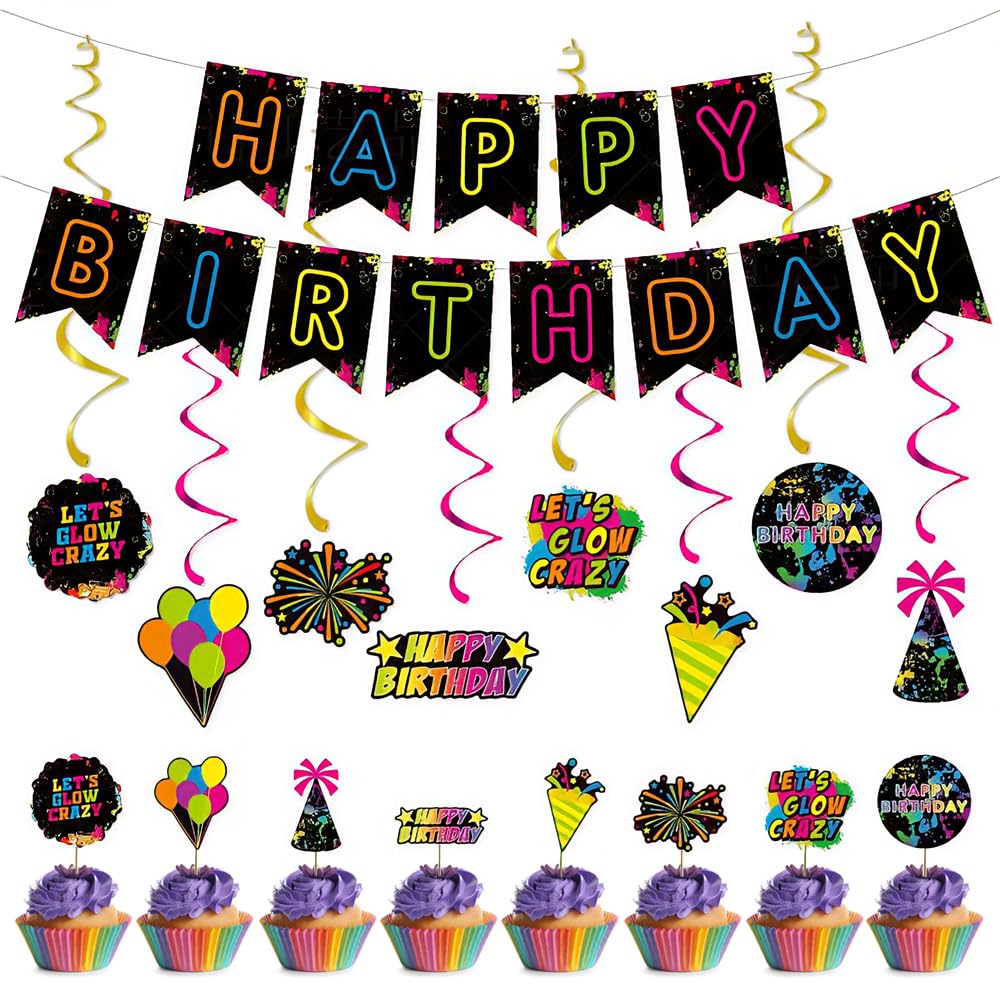 Neon Birthday Party Decorations,17 Pcs Glow in The Dark Party Supplies ...