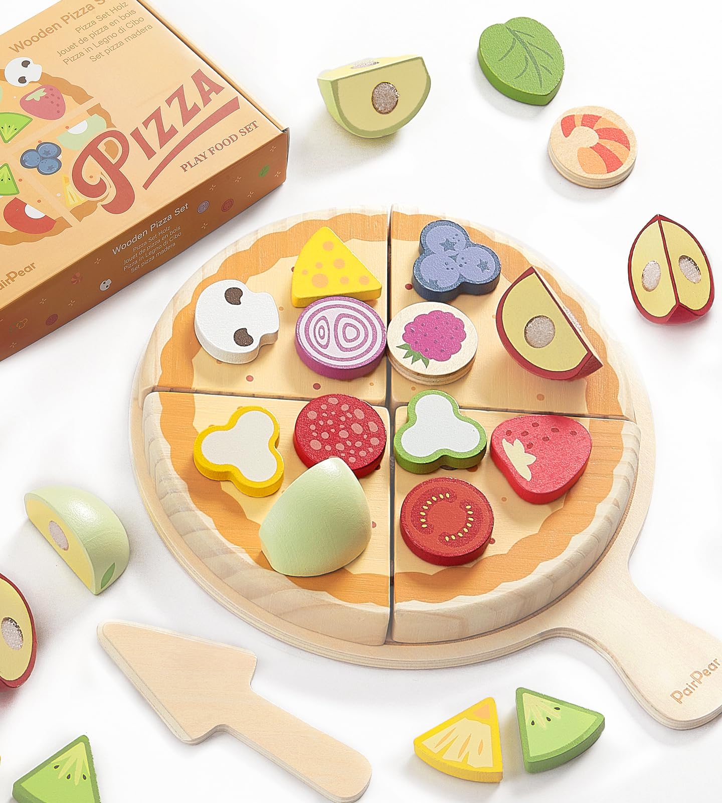 Amazon.com: PairPear Wooden Pizza Toy Cutting Play Food Set, Kids ...