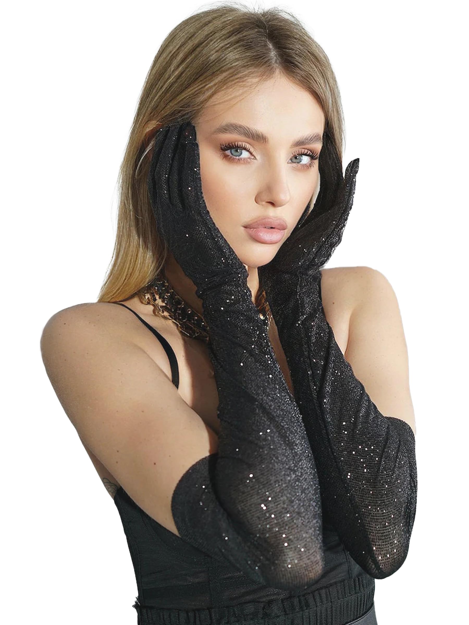 Amazon.com: YAEISM Glitter Black Mesh Gloves Shimmer Sheer Gloves Long ...
