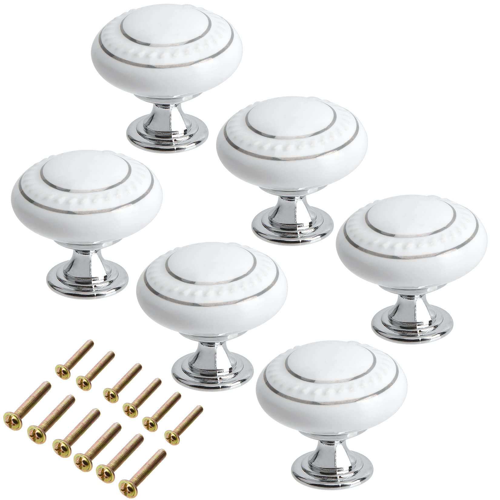 Qiveno White Kitchen Ceramic Cabinet Knobs, 6 Pack Vintage Round Knobs ...